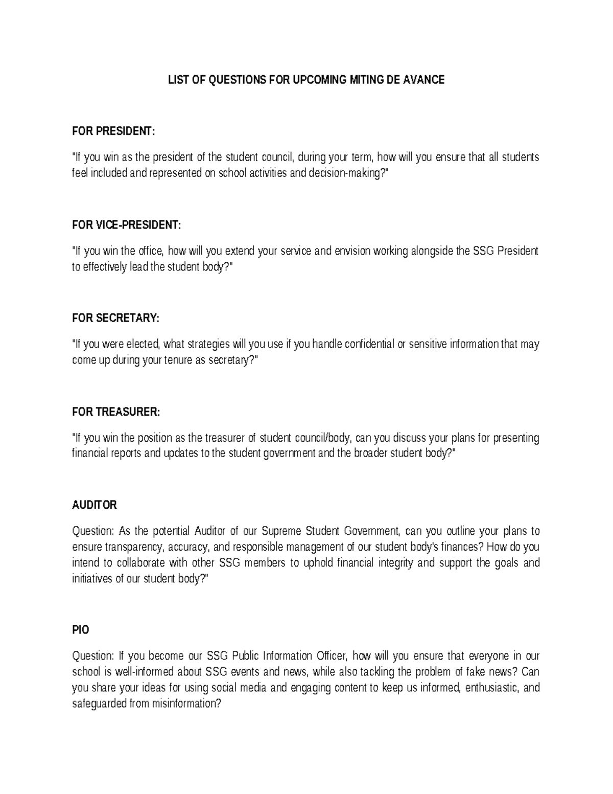 676151962 Questions for Upcoming Miting de Avance SSG Elections - Studocu
