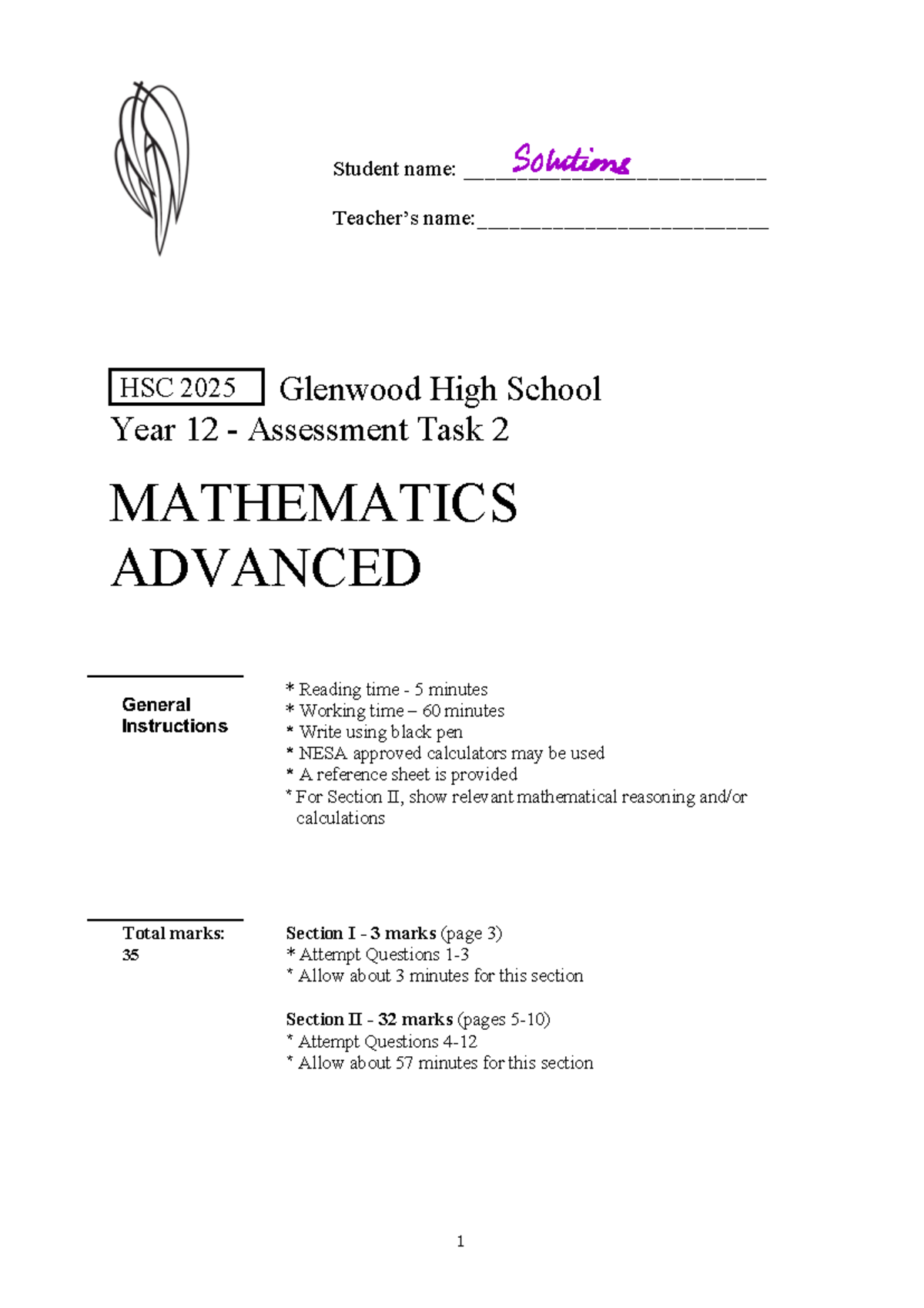 Solutions for HSC 2025 Year 12 Mathematics Advanced Assessment Task 2 ...