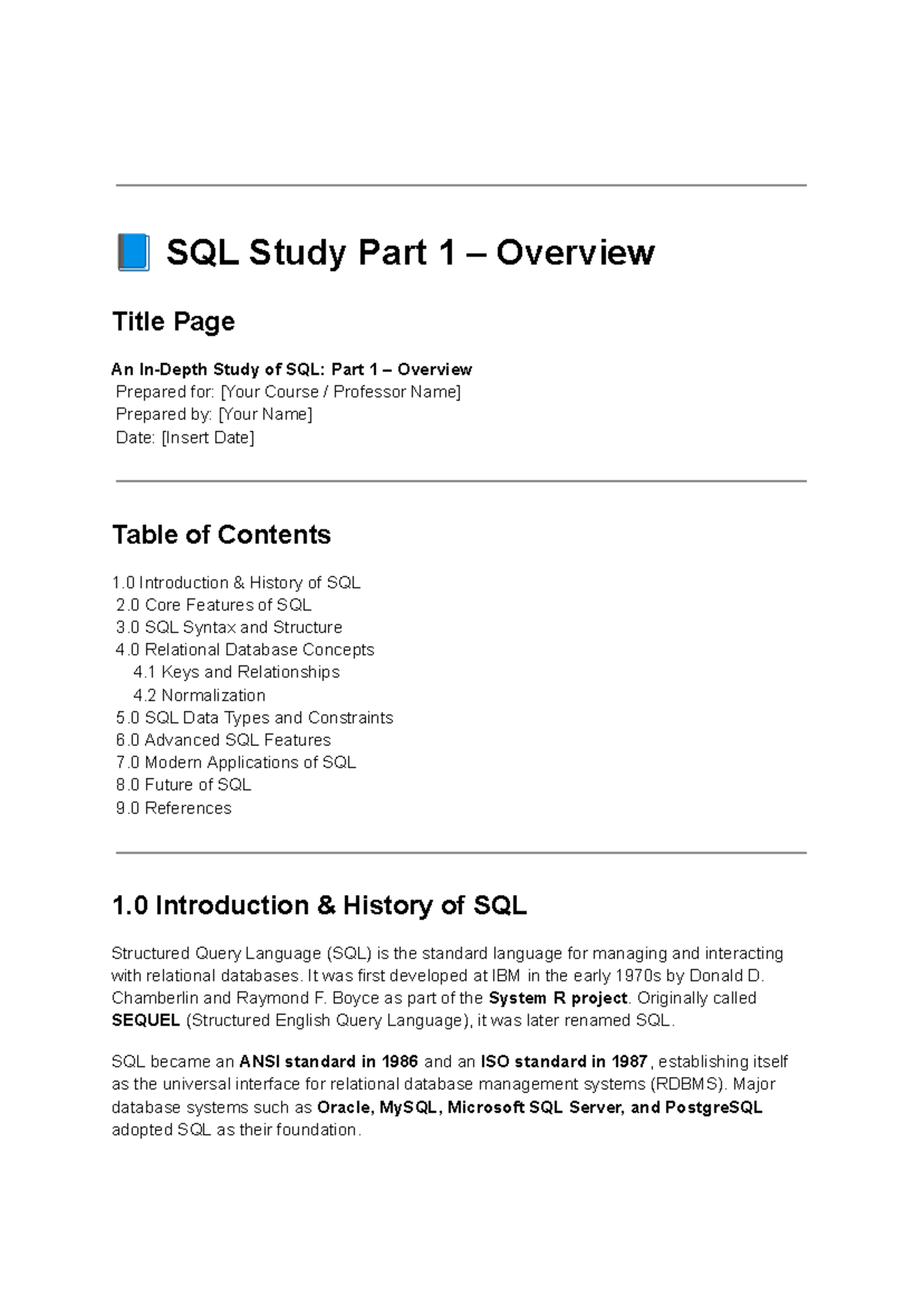 SQL Study Part 1: Overview of Core Features and Applications - Studocu