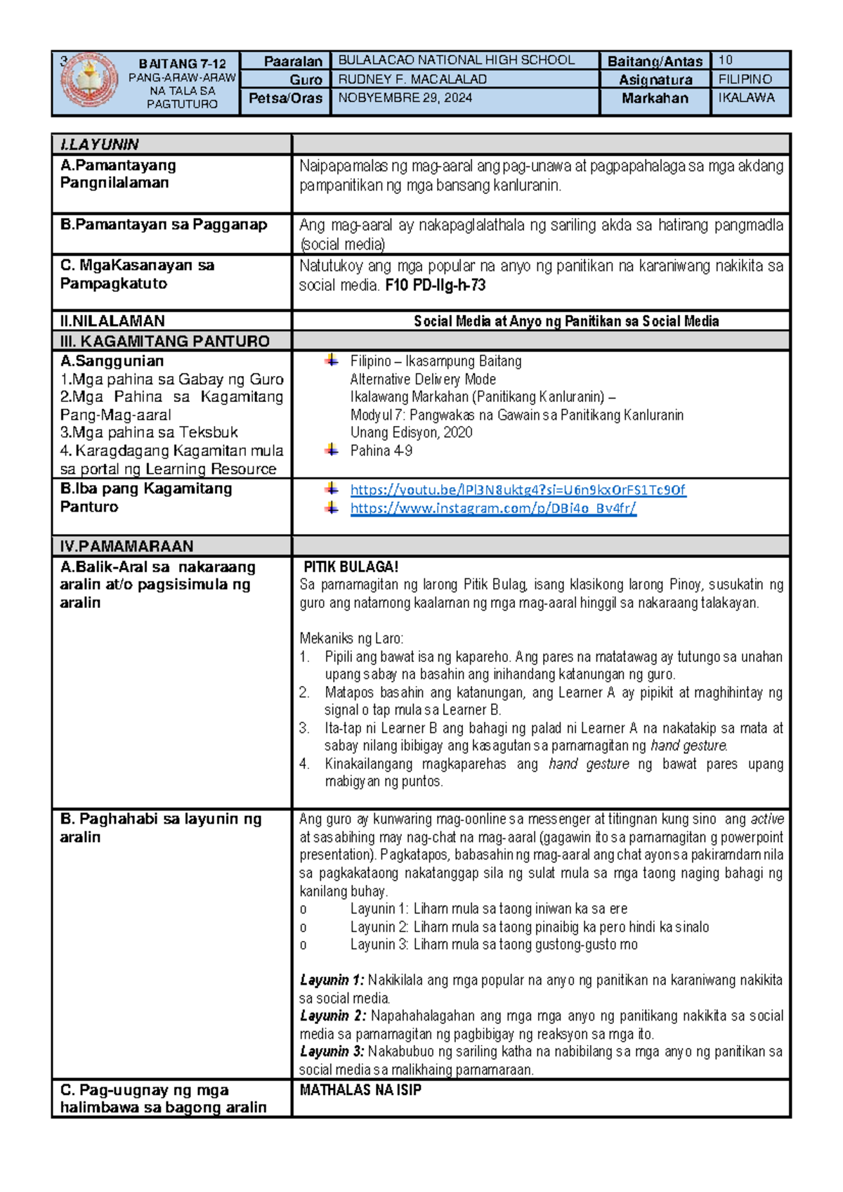 CO 1 Lesson Plan: Pagtuturo ng Panitikan sa Social Media - Studocu