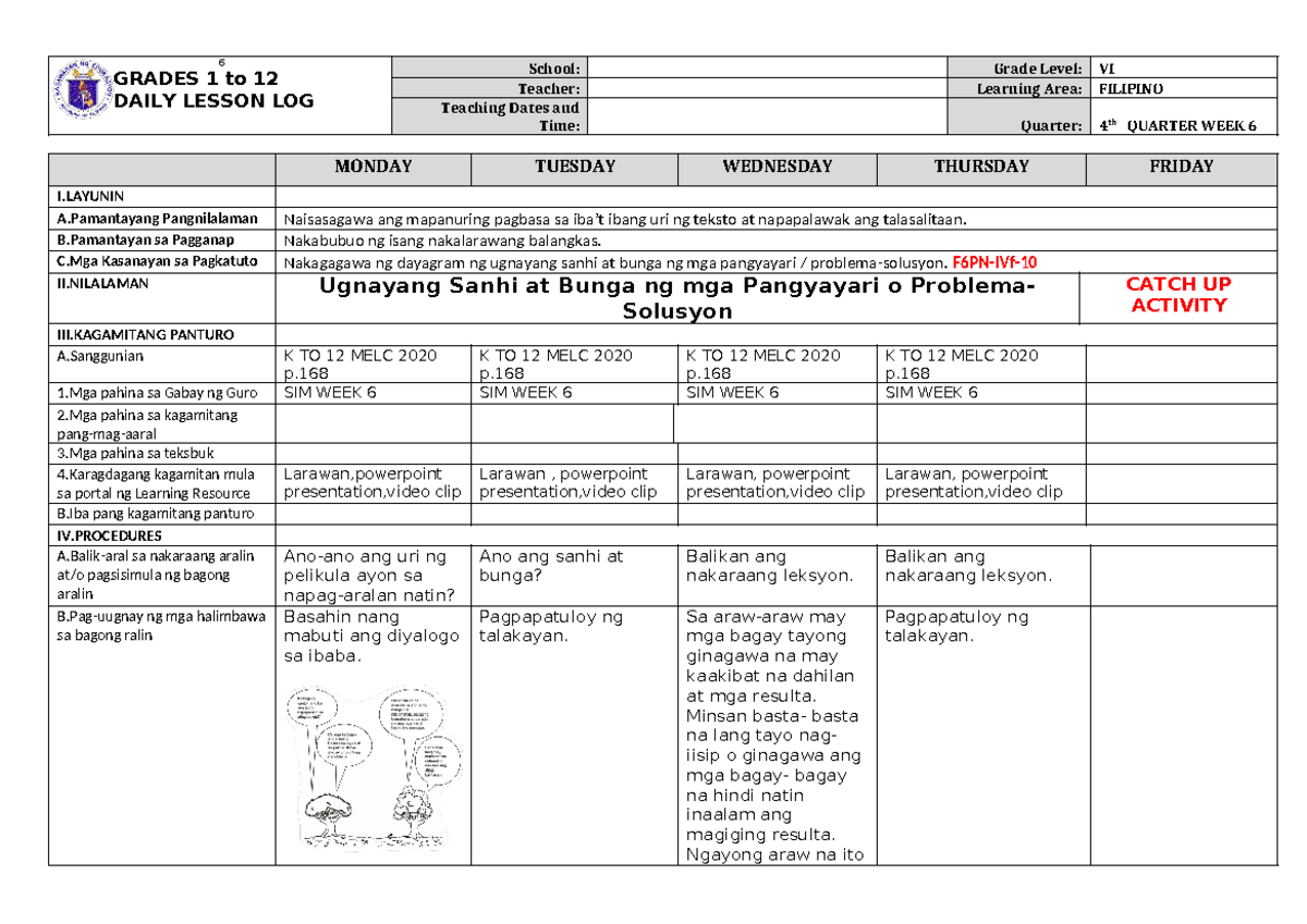 DLL Filipino 6 Q4 W6 - ####### 6 GRADES 1 to 12 DAILY LESSON LOG School: Grade Level: VI Teacher ...