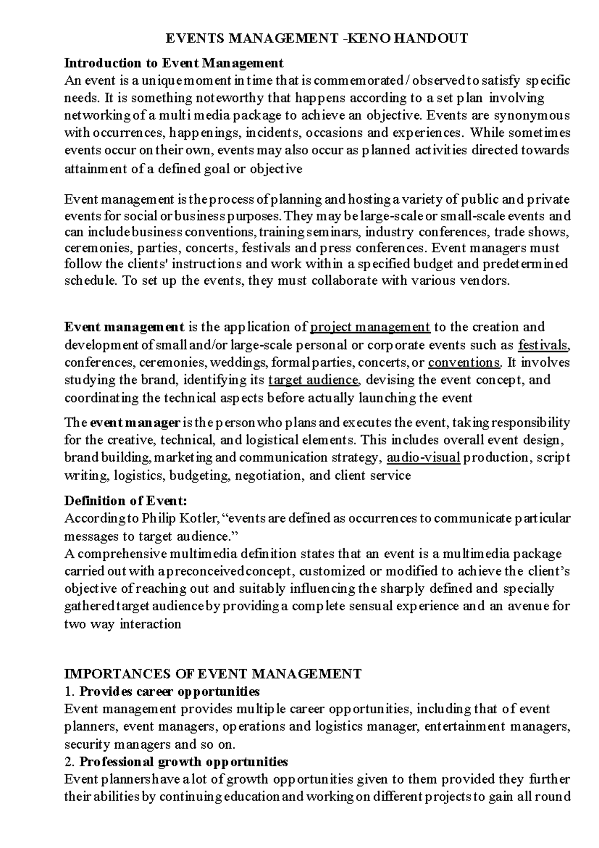 EVENTS MANAGEMENT HANDOUT: Comprehensive Guide to Event Planning - Studocu
