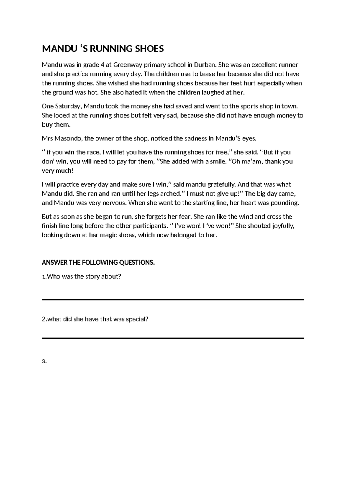 Grade 4 English Comprehension: Mandu's Running Shoes Story - Studocu