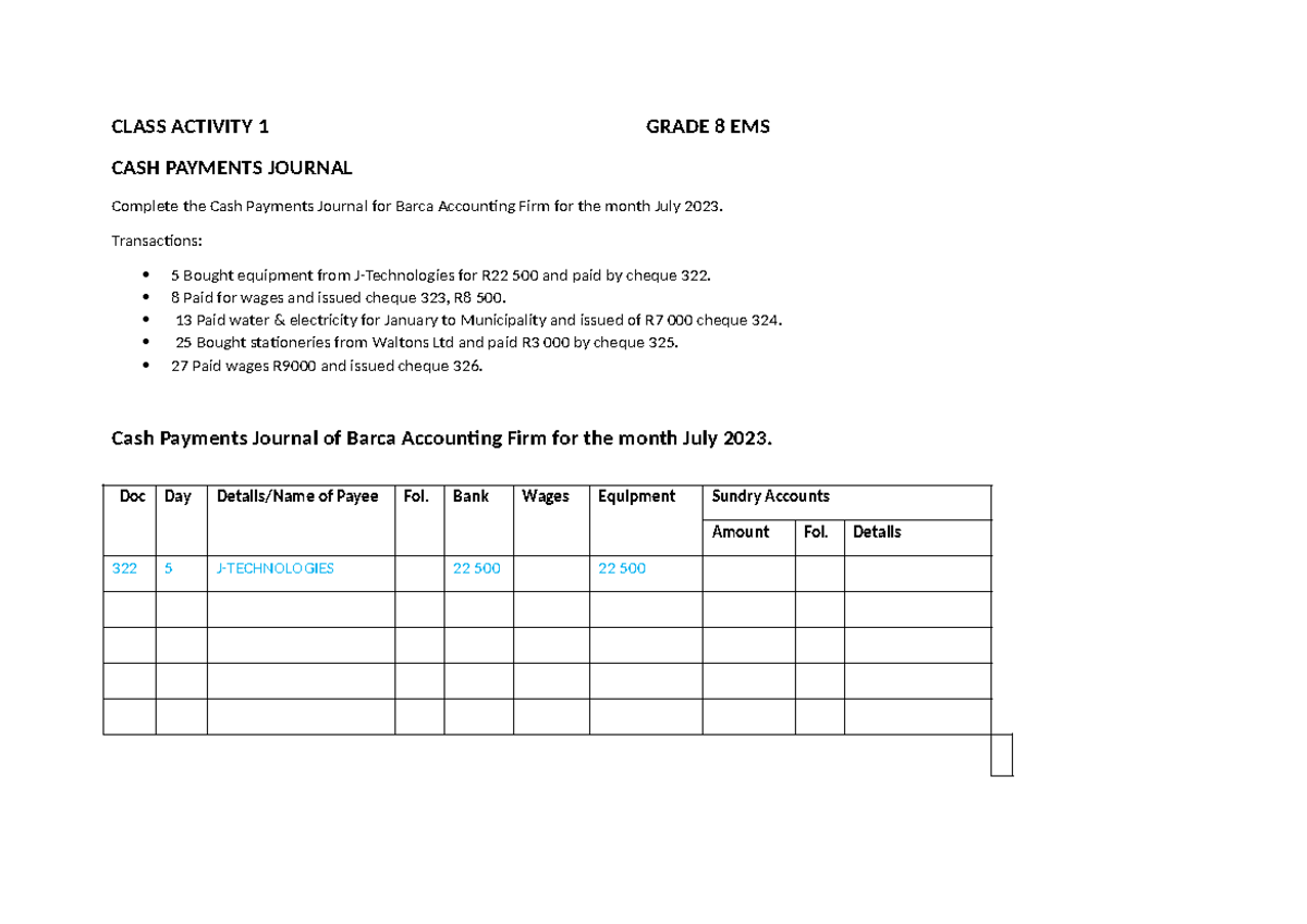 Grade 8 EMS - Cash Payments Journal Activity for July 2023 - Studocu