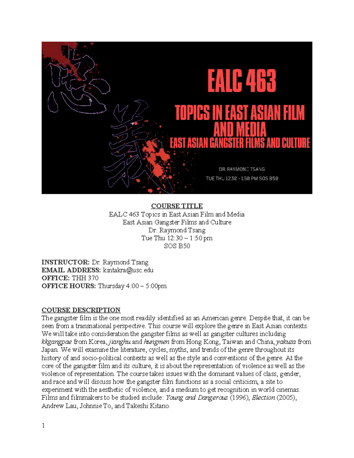 EALC 463 Final Exam Syllabus: East Asian Gangster Films & Culture - Studocu