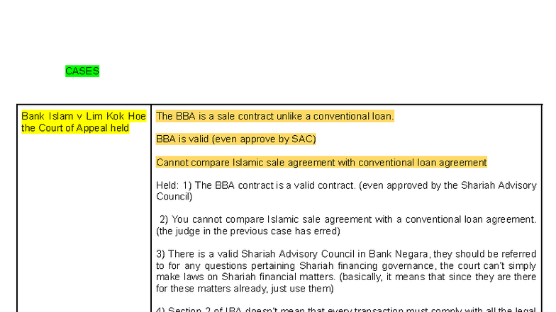 IBF MIDTERM PREP - Study Notes on Bank Islam Cases and BBA Contracts - Studocu