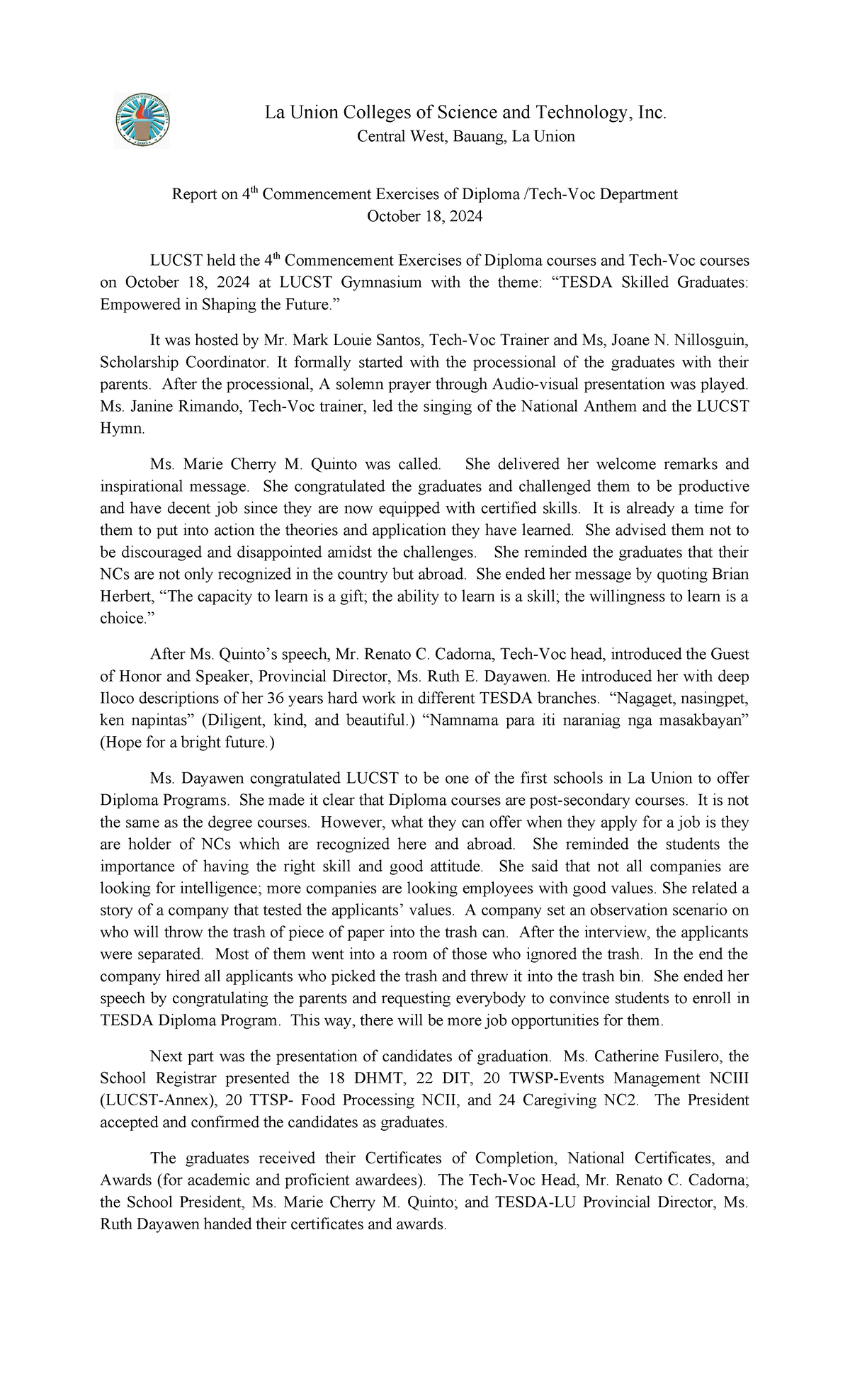 4th Commencement Exercises Report: LUCST Diploma Programs - Studocu