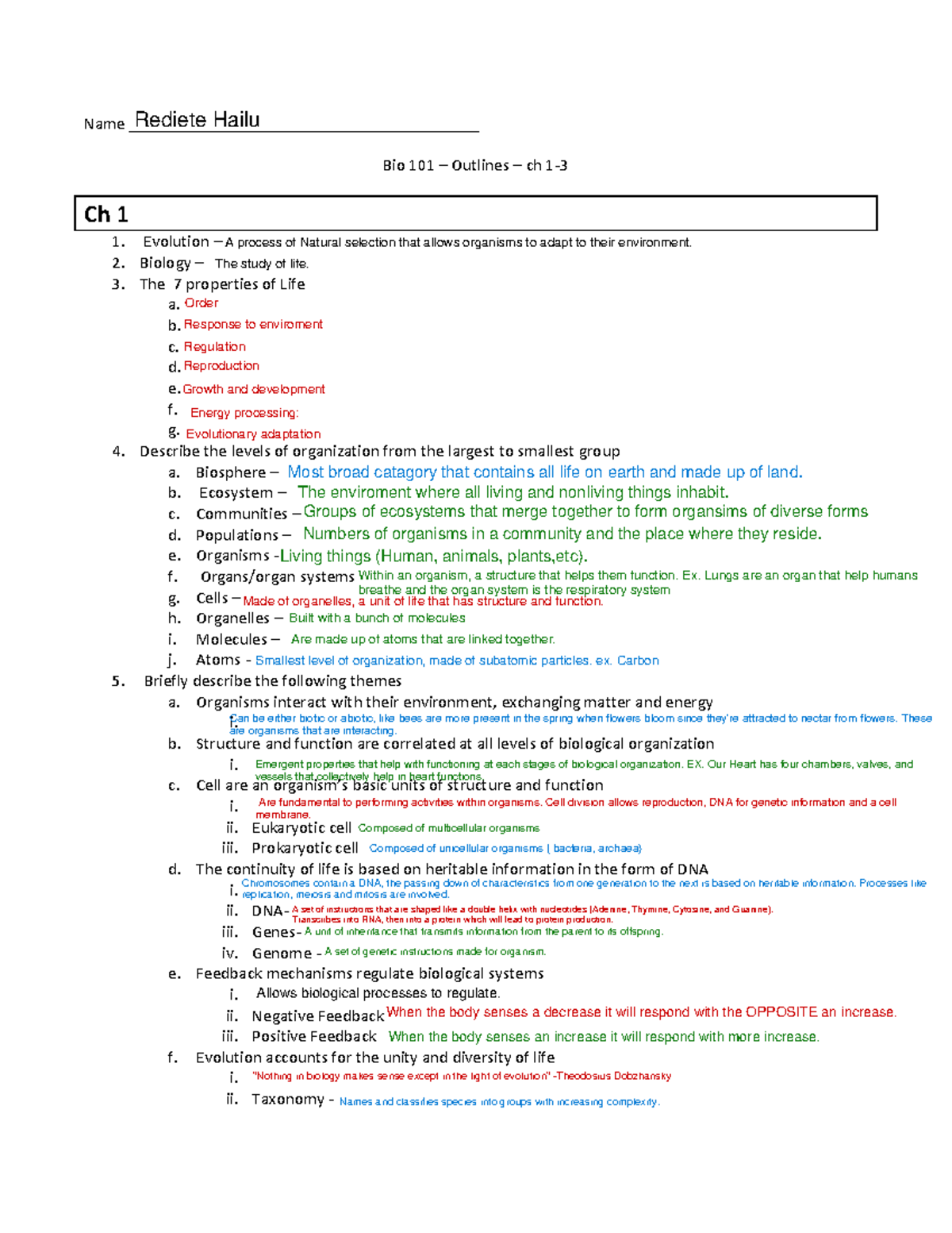 Bio 101 Final Exam Outlines: Chapters 1-3 Overview - Studocu