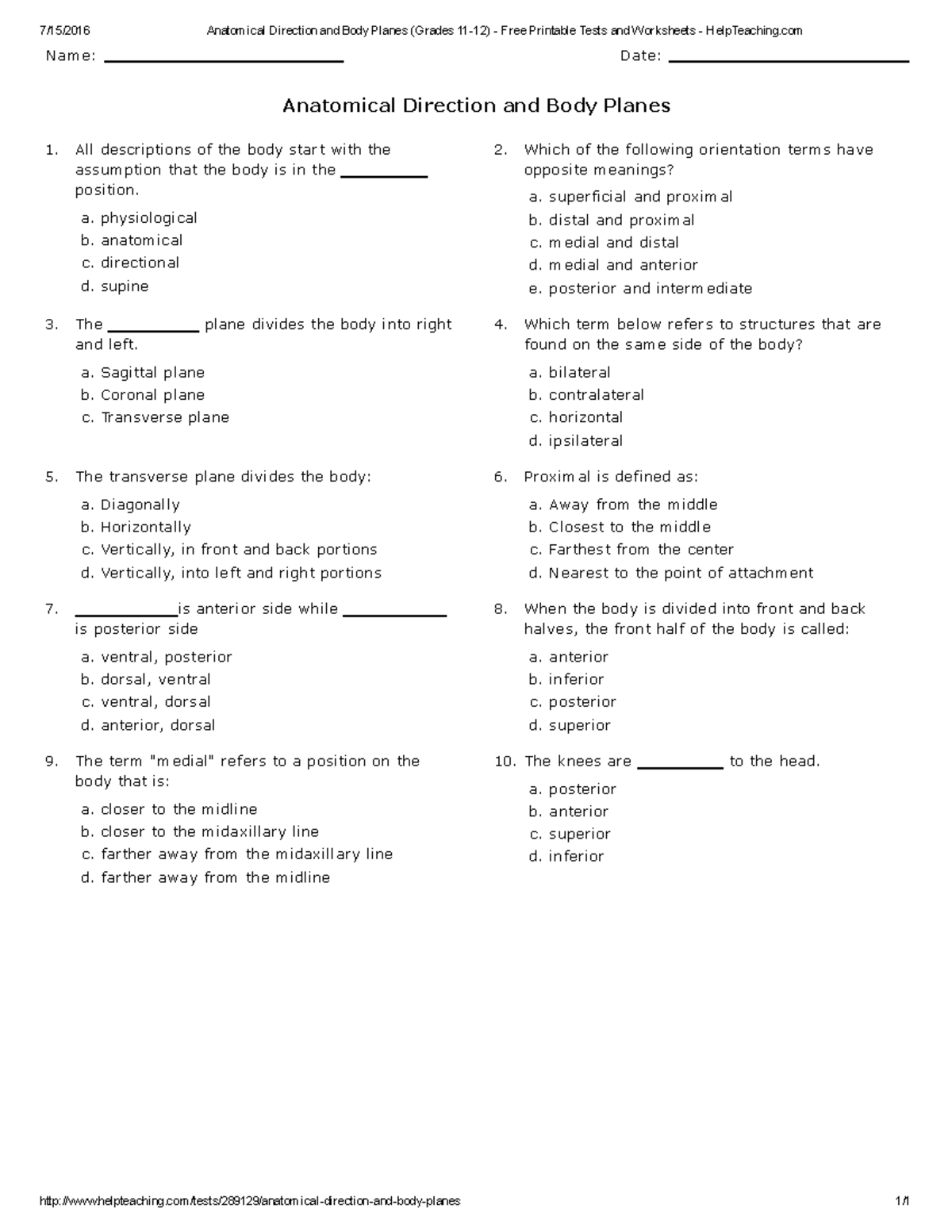 Anatomical Direction & Body Planes Worksheets (Grades 11-12) - Studocu