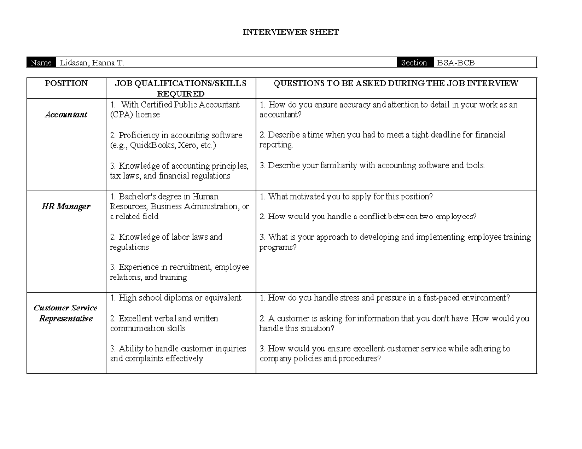 Interview Sheet - INTERVIEWER SHEET Name Lidasan, Hanna T. Section BSA ...