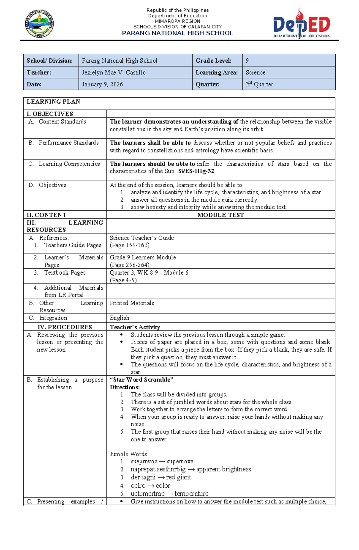 Grade 9 Science Learning Plan: Module Test on Stars (3rd Quarter) - Studocu
