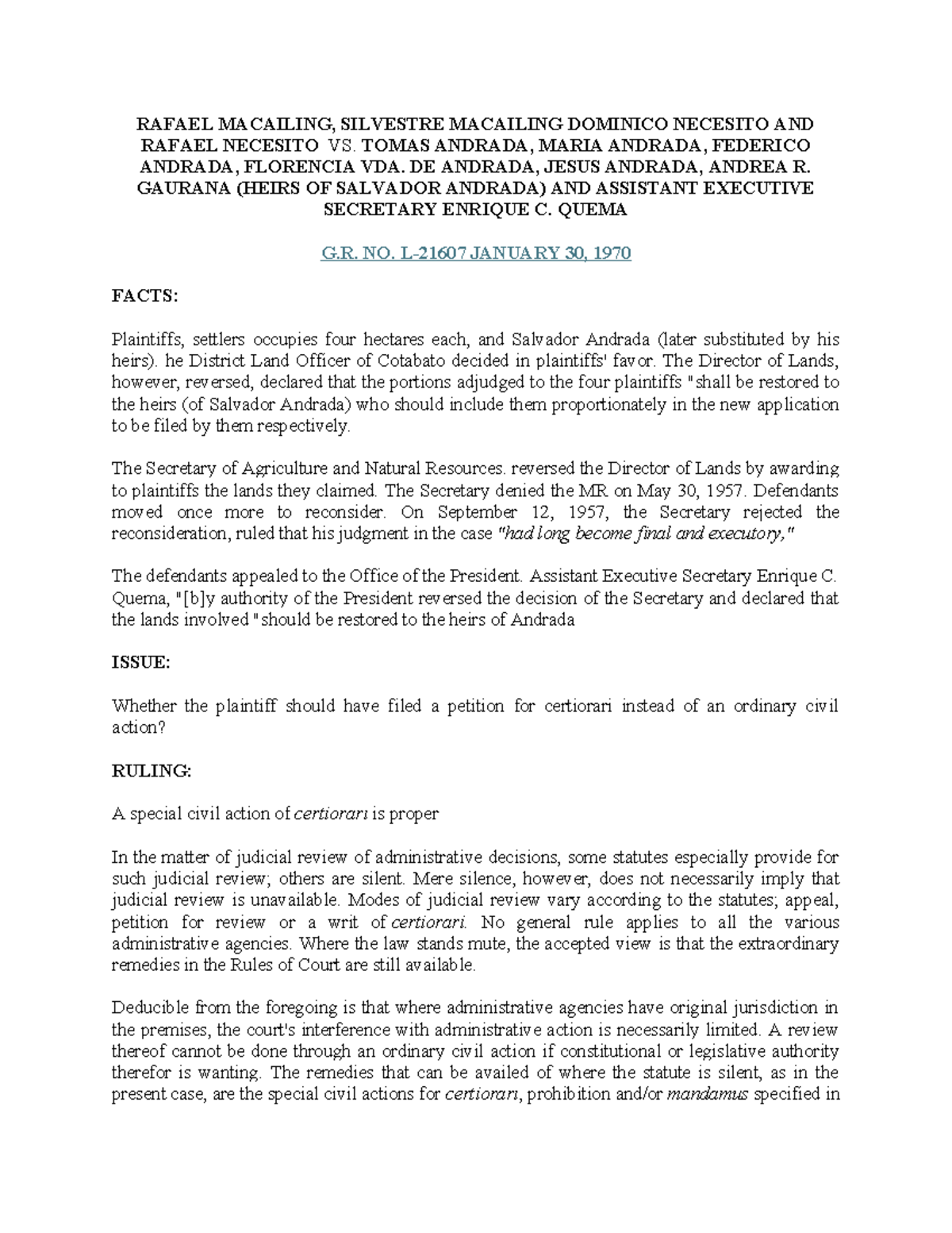 **Case Study: Macailing, et al. v. Andrada, et al., G.R. No. L-21607 ...