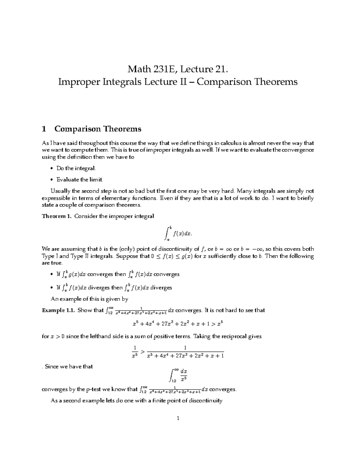 Math 231E, Lecture 21: Improper Integrals II & Comparison Theorems ...