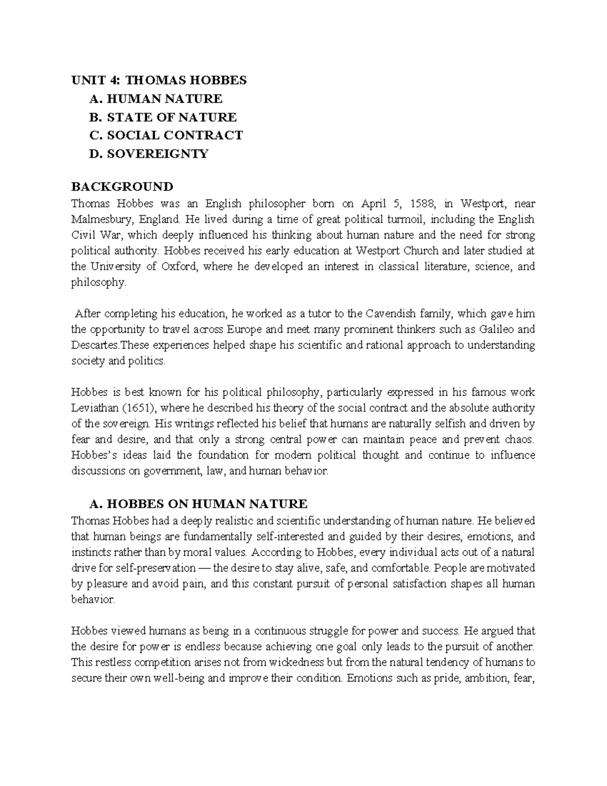 UNIT 4: THOMAS HOBBES - HUMAN NATURE, SOCIAL CONTRACT & SOVEREIGNTY ...