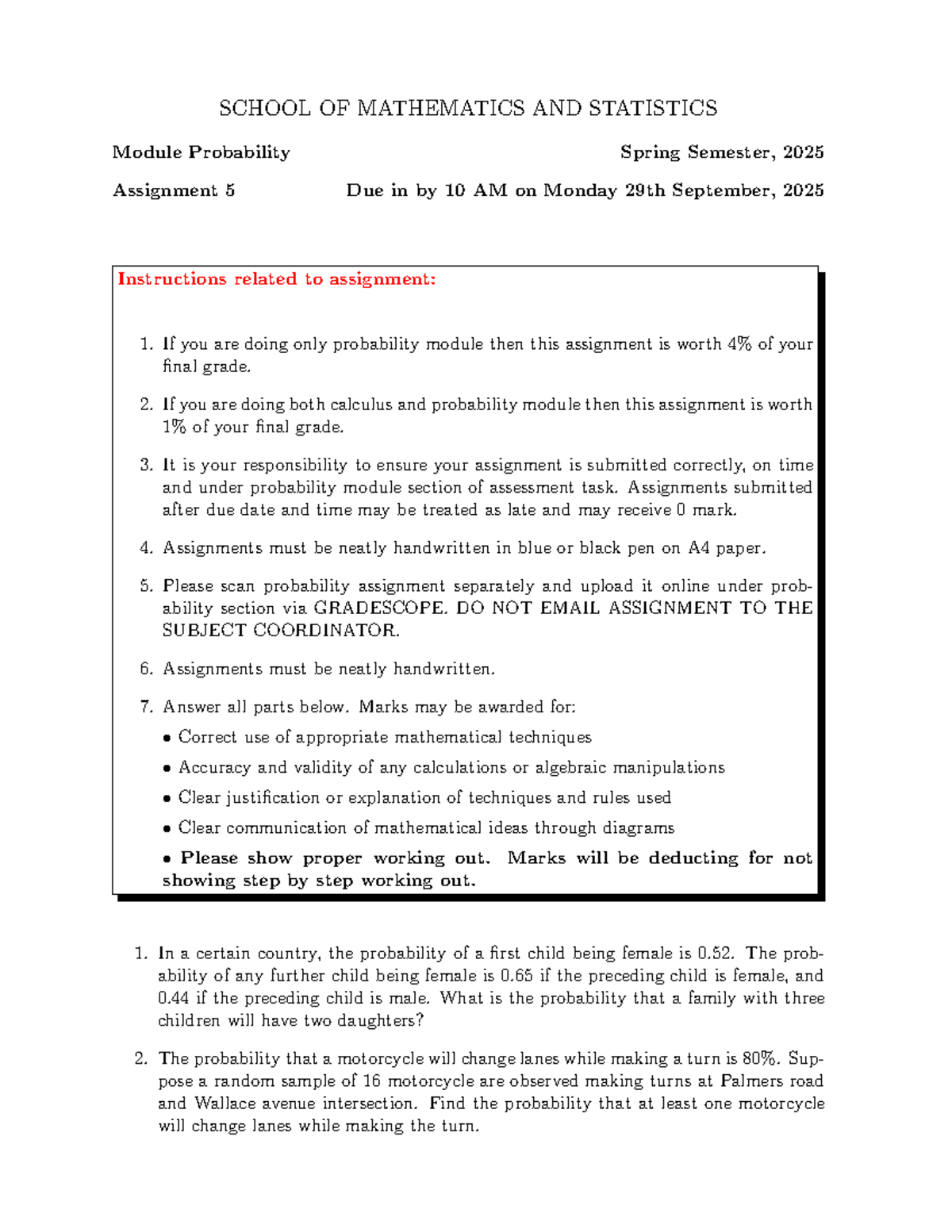 Probability Assignment 5 - Probability Module - Sem 2, 2025 - Studocu