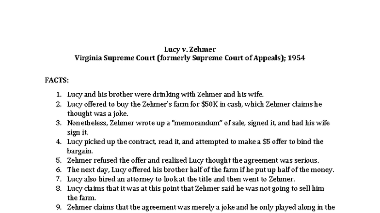 Lucy v. Zehmer Case Study Brief (VA Supreme Court, 1954) - Studocu