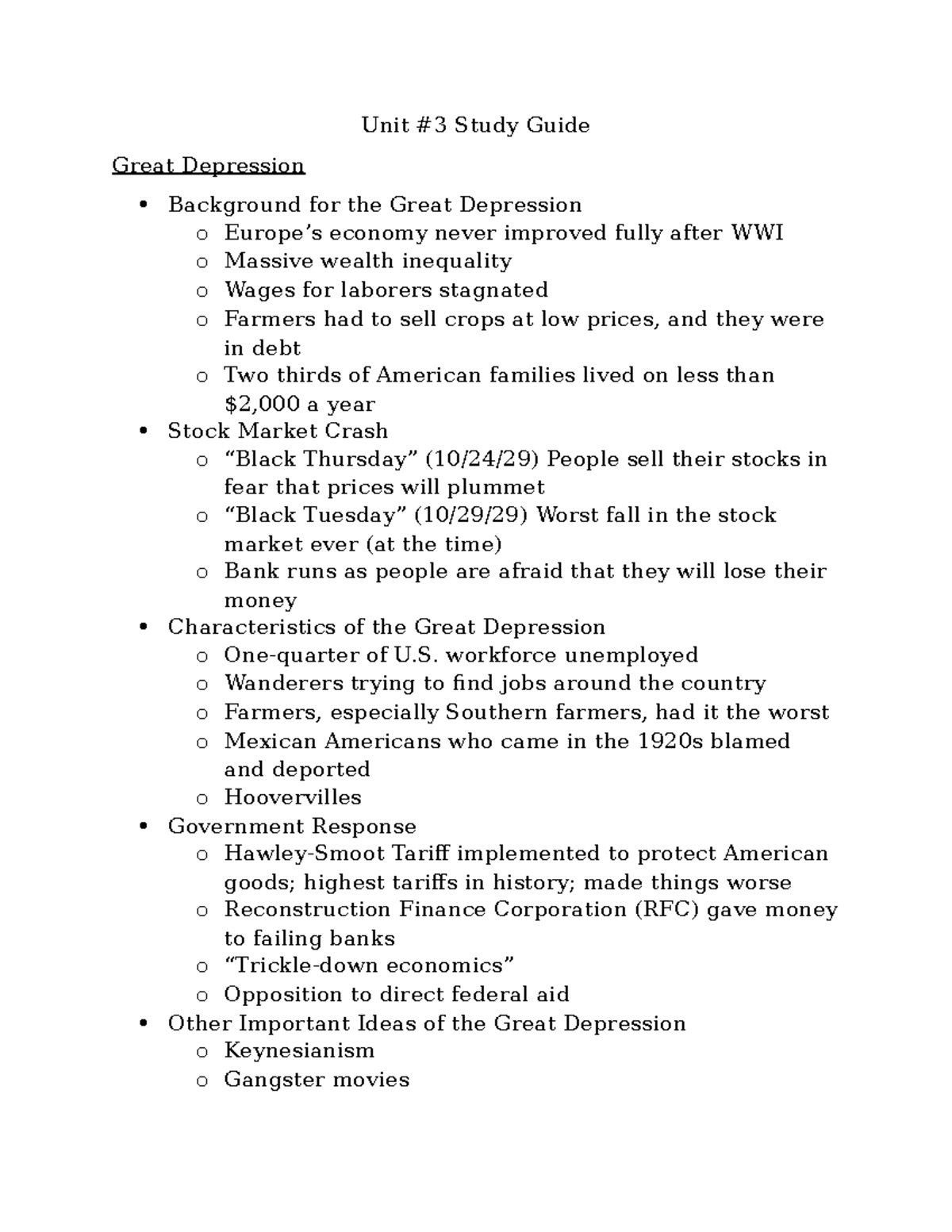 Unit 3 Study Guide - Unit #3 Study Guide Great Depression Background ...