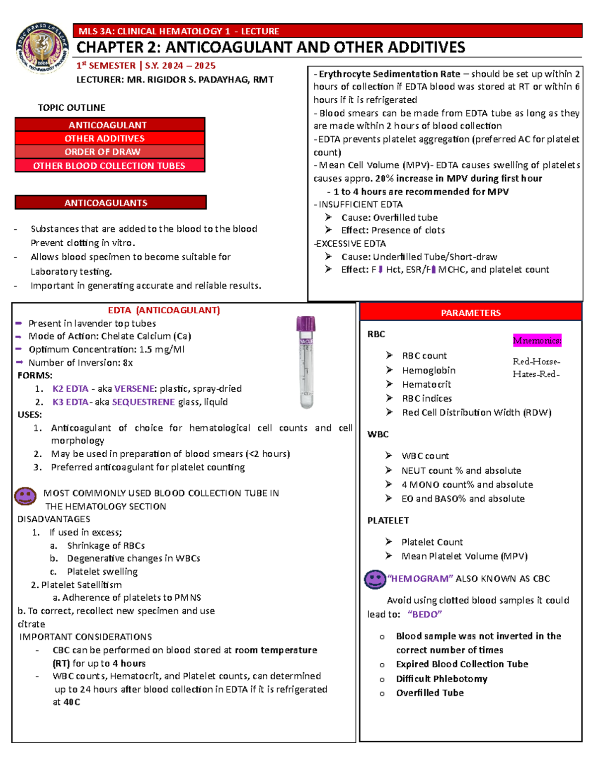 MLS 3A Chapter 2: Summary of Anticoagulants & Additives in Hematology ...
