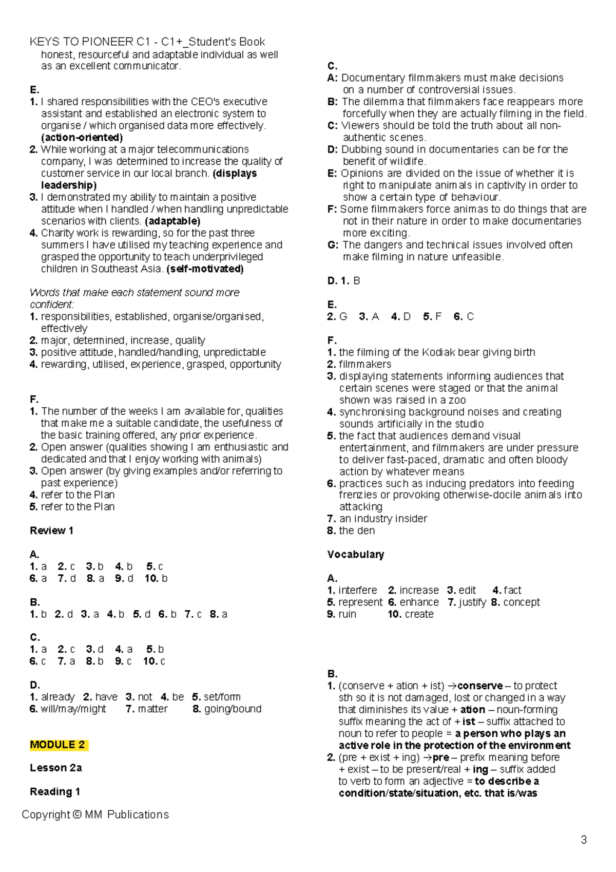 KEYS TO Pioneer C1 - C1+ Units 2 and 3 - honest, resourceful and adaptable individual as well as ...