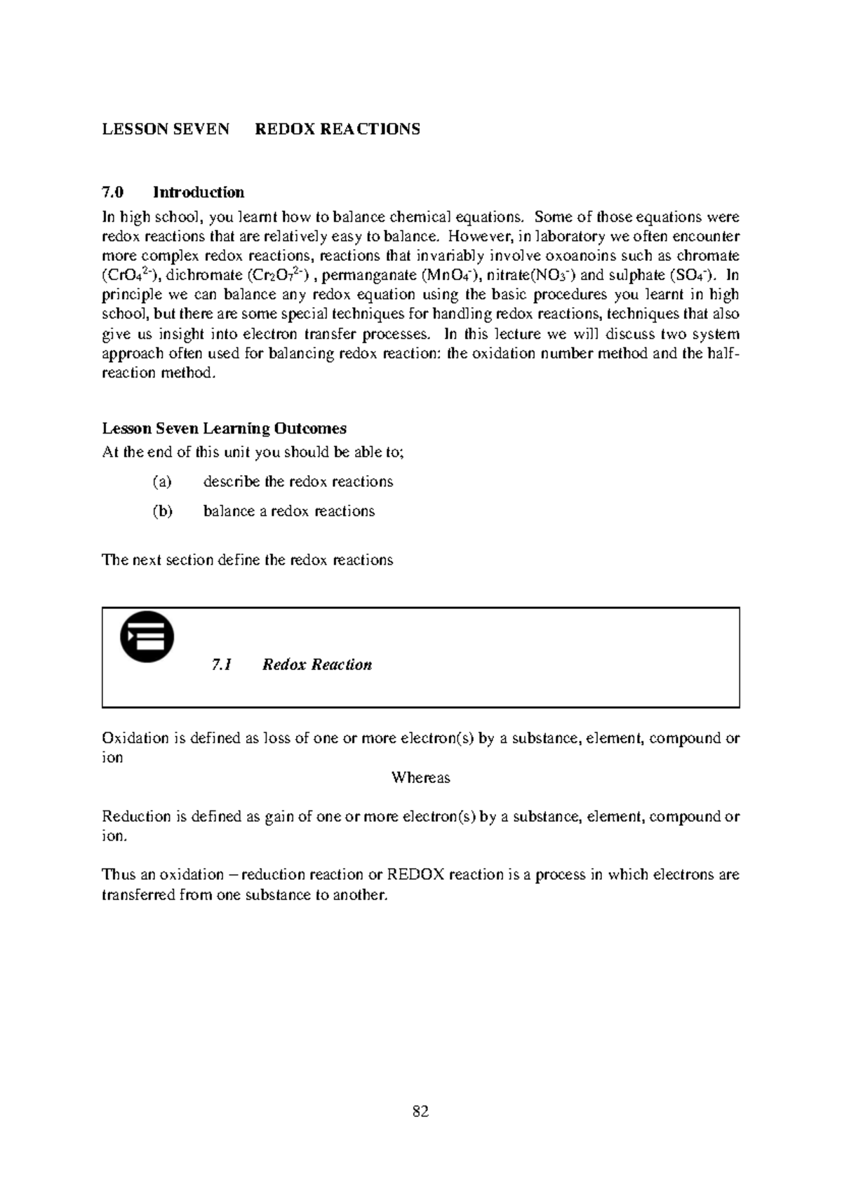 Lesson 7 notes - Physics - LESSON SEVEN REDOX REACTIONS 7 Introduction ...