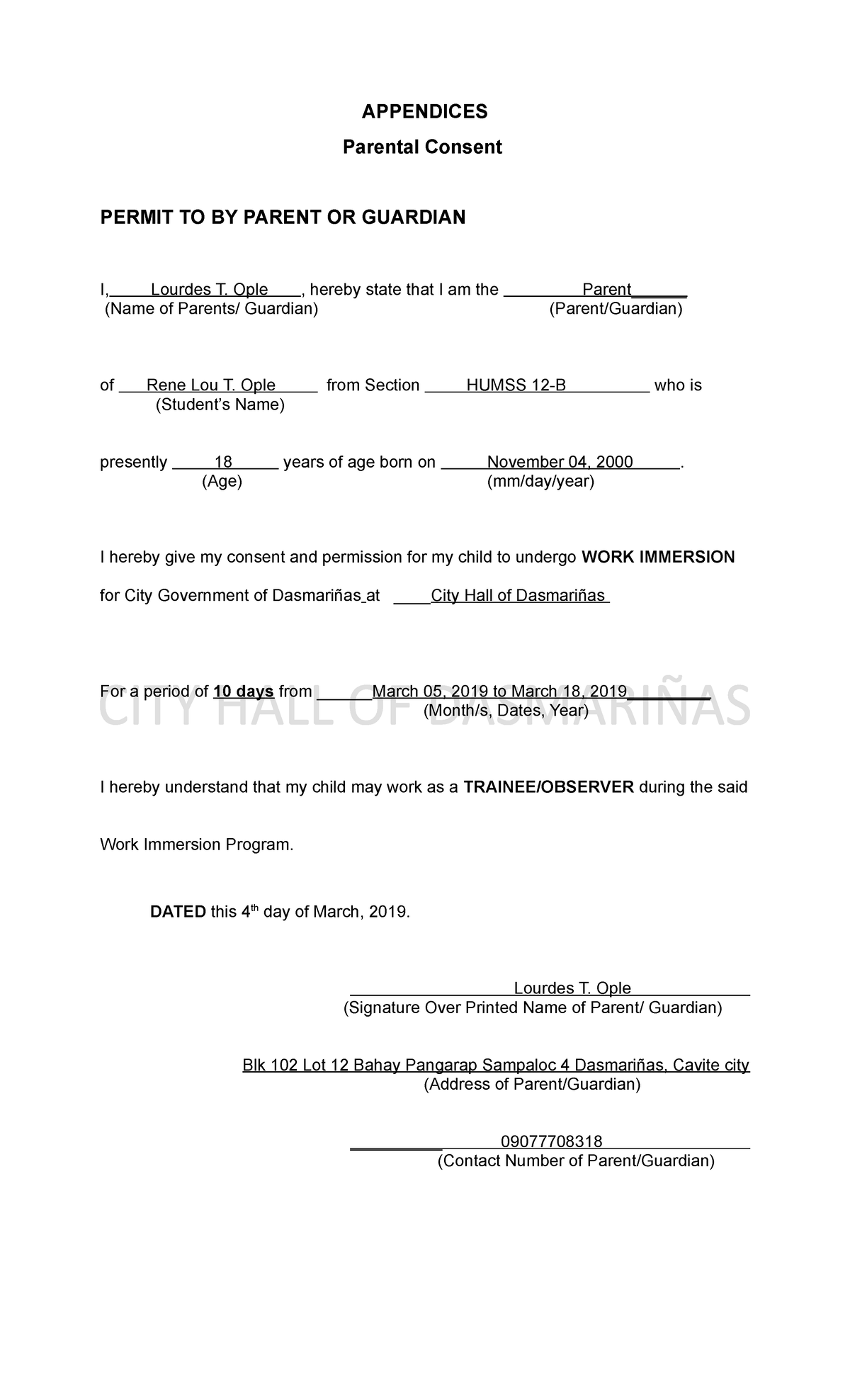 Parental Consent Forms for HUMSS 12-B Work Immersion Programs - Studocu