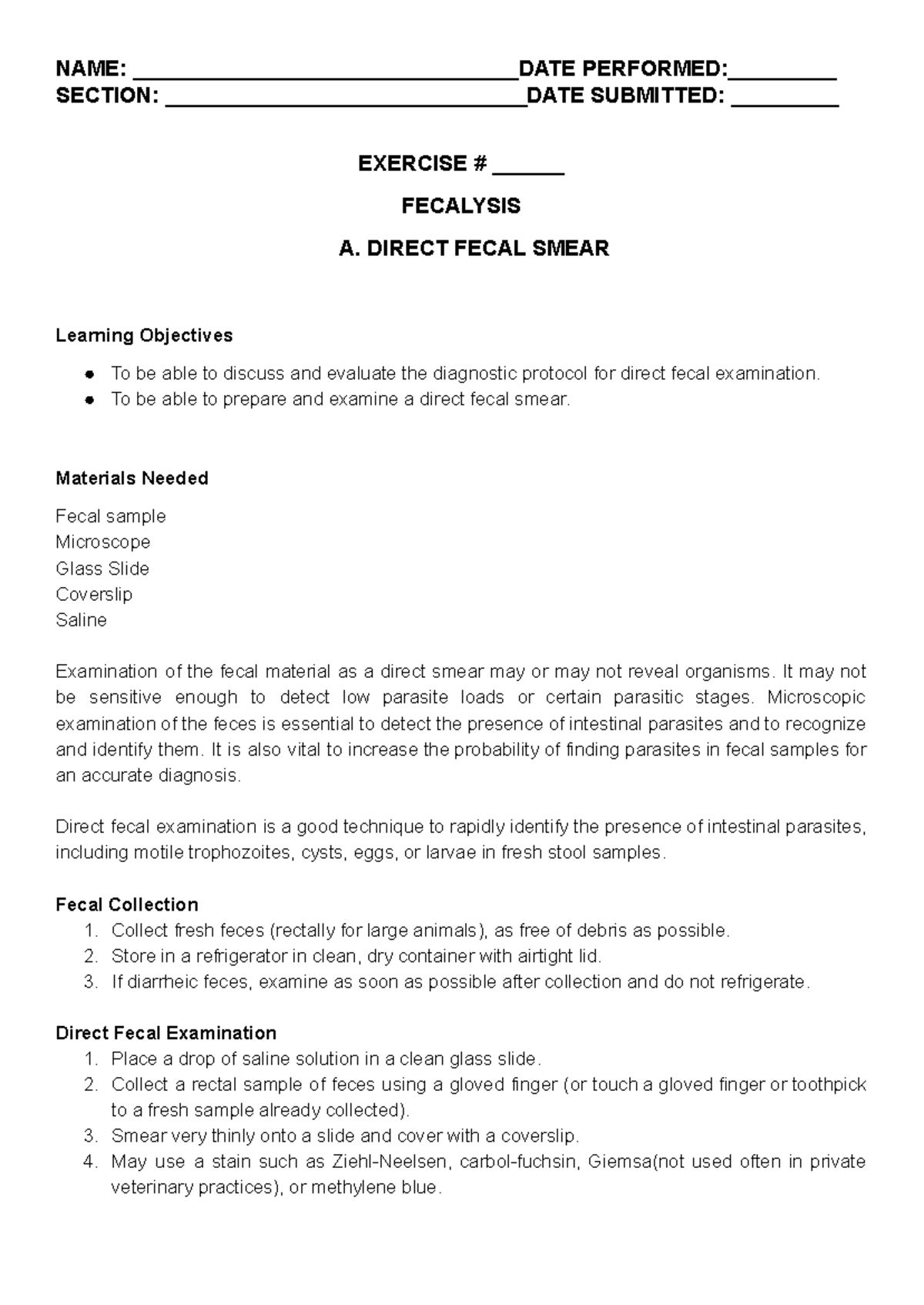 Fecalysis Module: Direct Smear, Sedimentation & Flotation Techniques ...