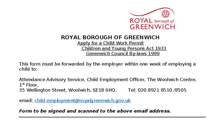 Apply for a Child Work Permit - Greenwich Council Guidelines - Studocu