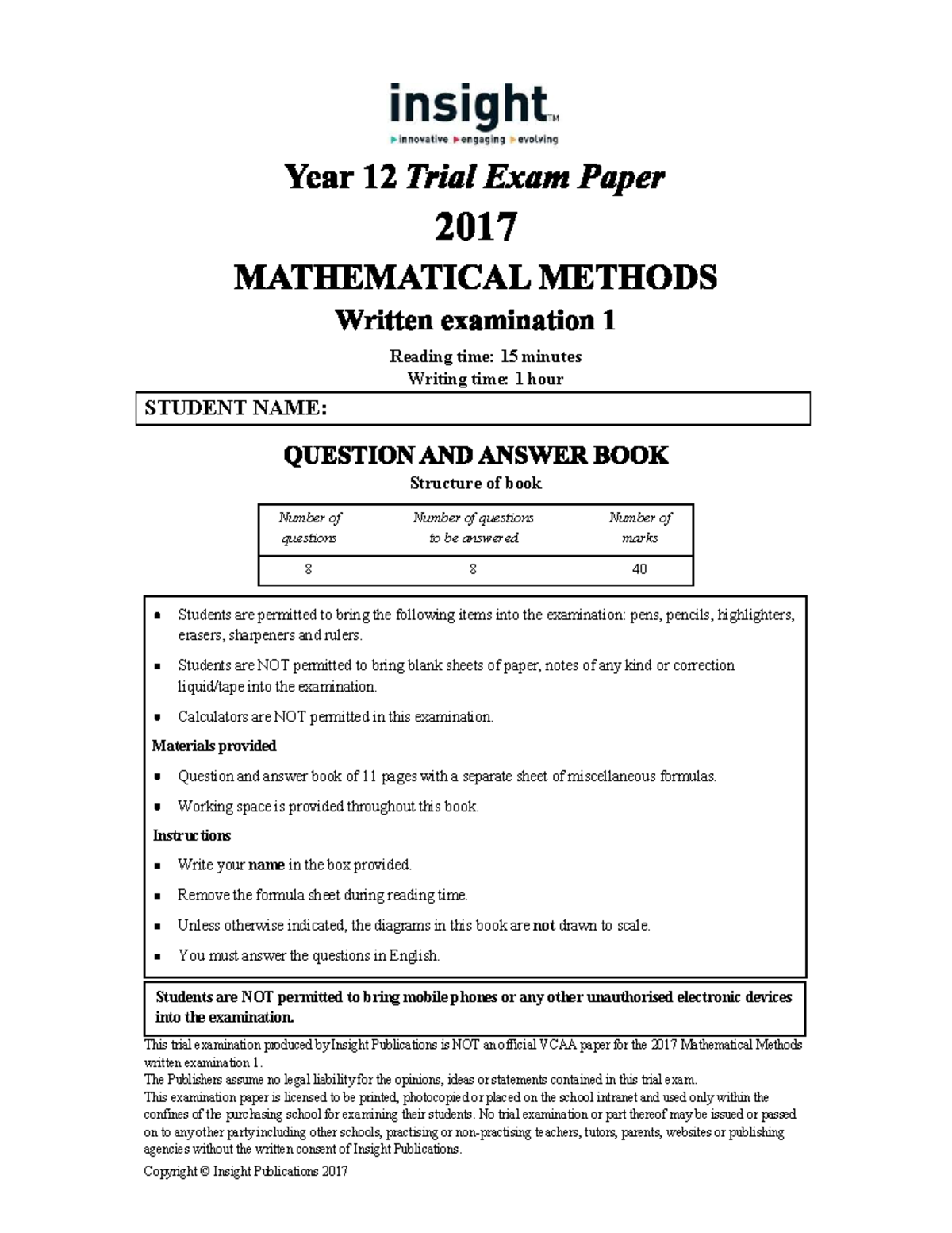 2017 MATHMETH Trial Exam 1: Structure & Instructions - Studocu