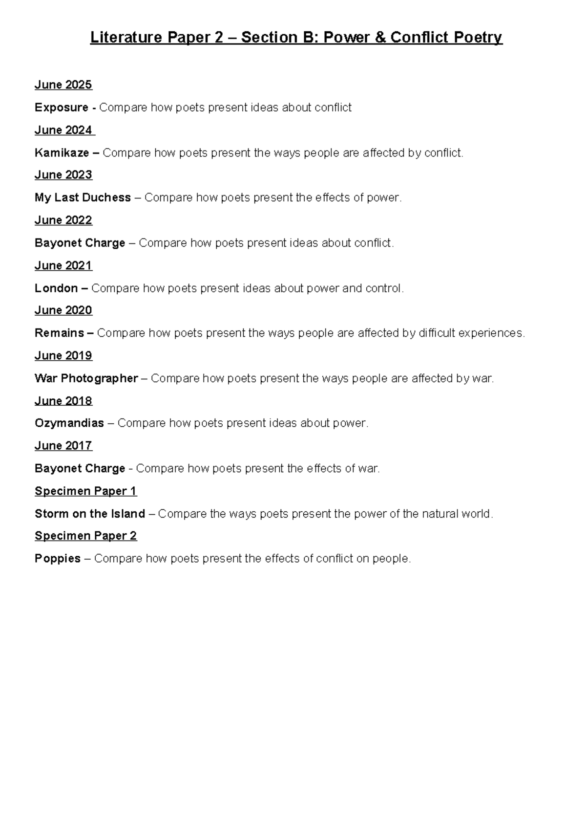 Literature Paper 2: Power & Conflict Poetry Past Questions (2017-2025 ...