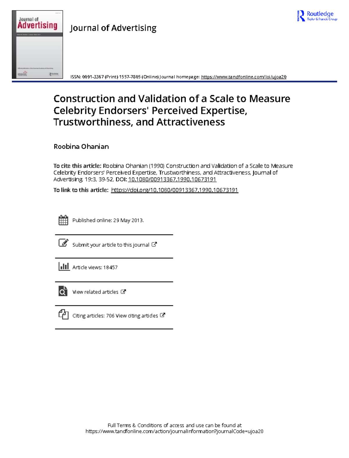 "Construction & Validation of Scale: Celebrity Endorser Credibility" - Studocu