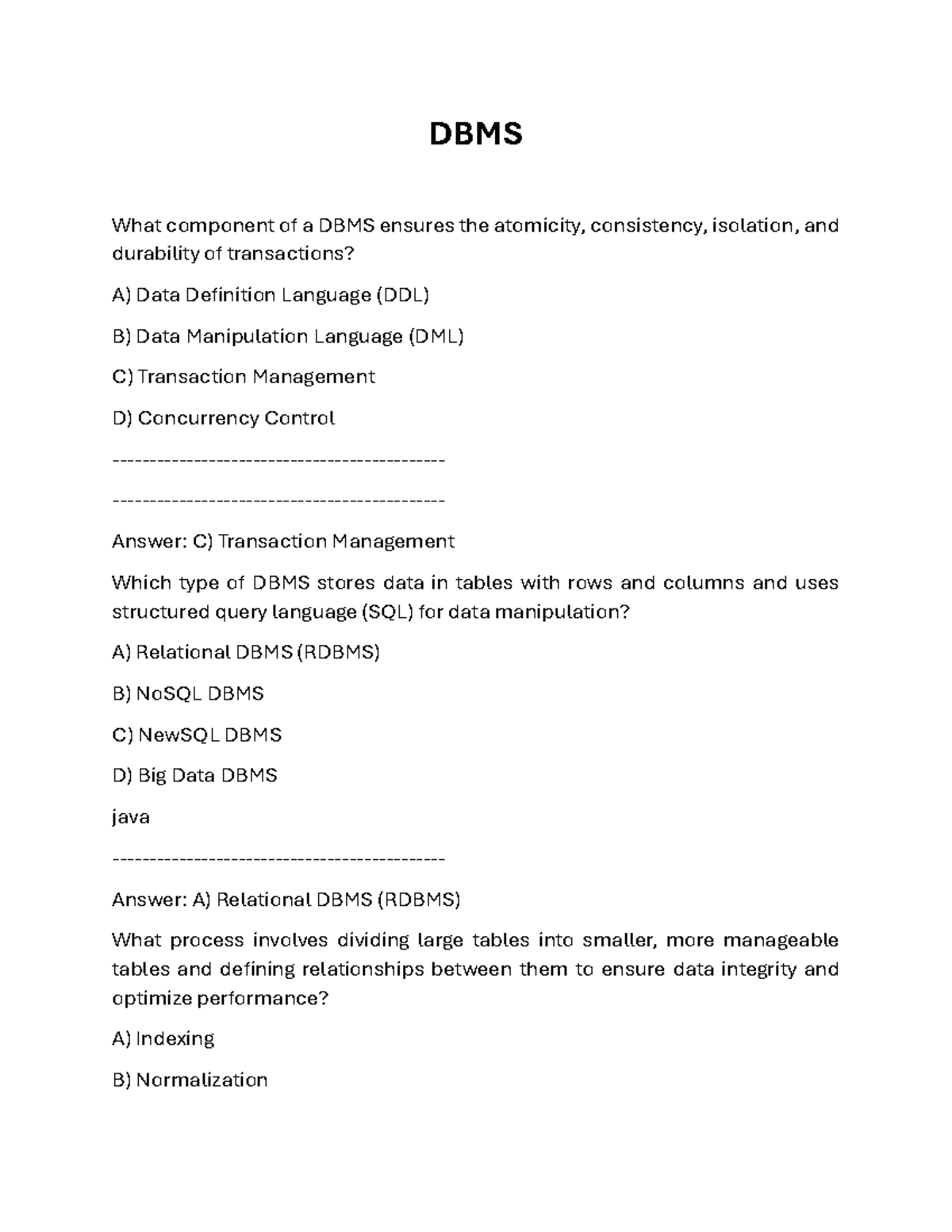 DBMS MCQs Study Material - Comprehensive Review (Final Exam) - Studocu