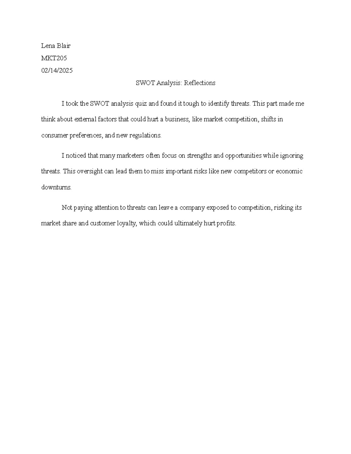 SWOT Analysis Reflections - Lena Blair MKT 02/14/ SWOT Analysis ...
