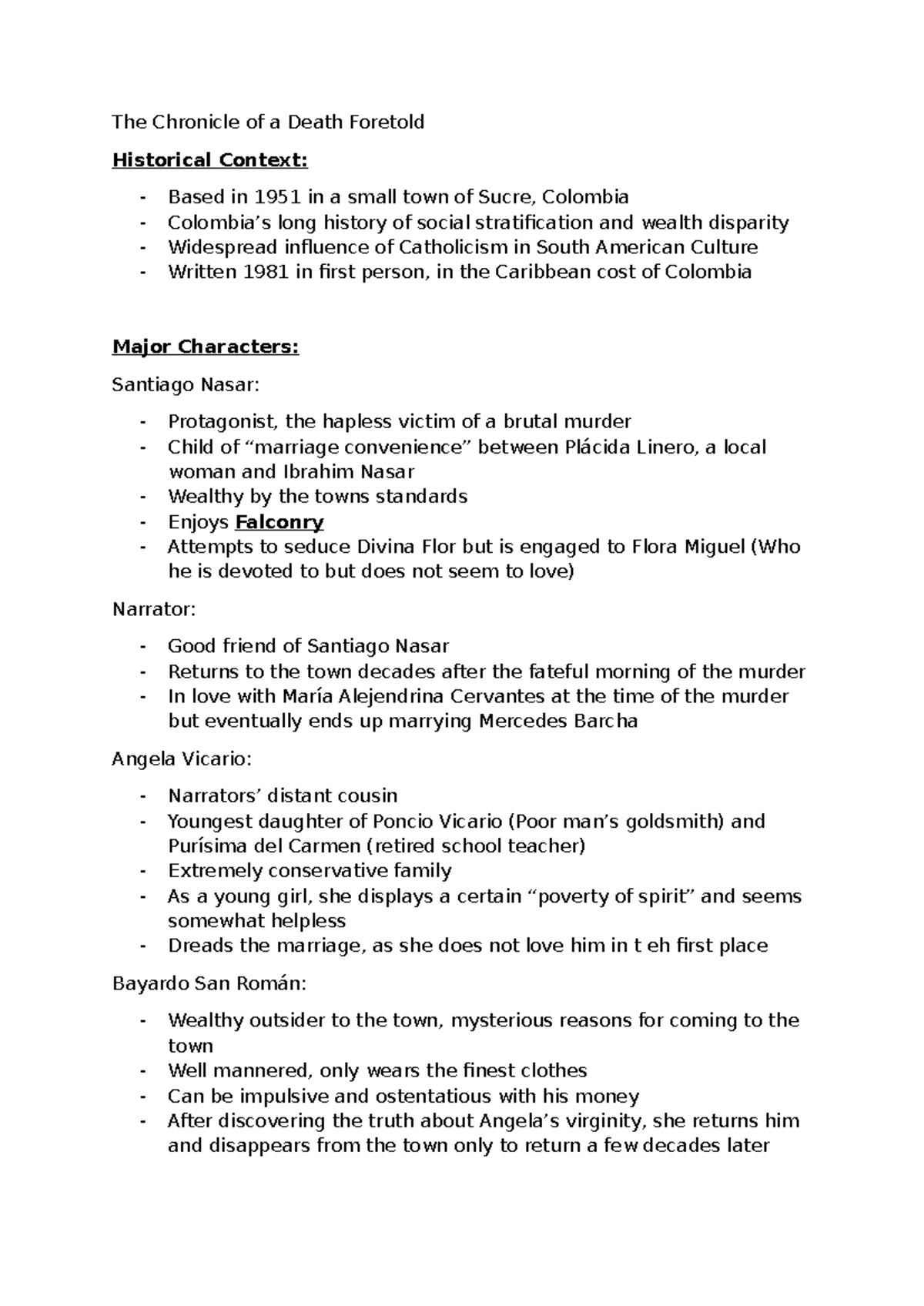 Chronicle of a Death Foretold: Key Themes and Character Analysis - Studocu