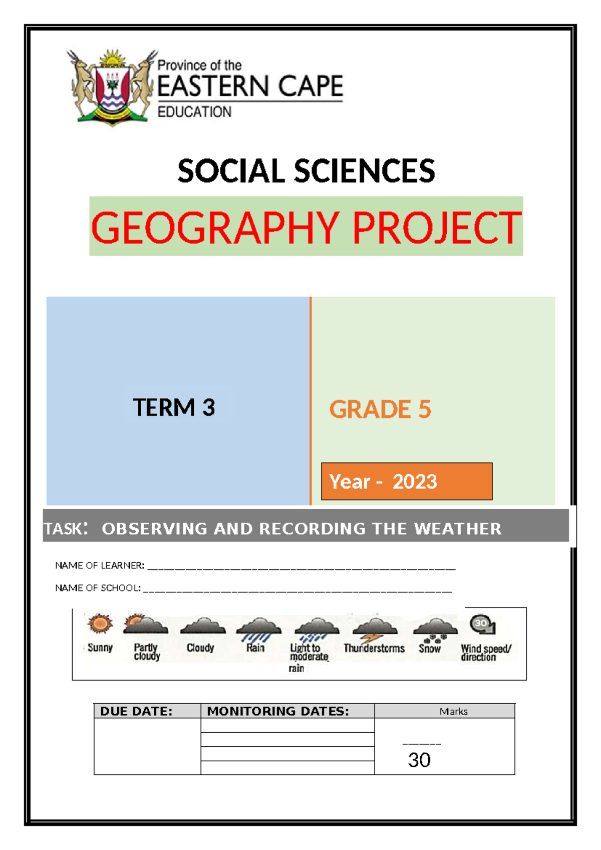 Grade 5 Geography Project Term 3: Weather Observation Task - Studocu