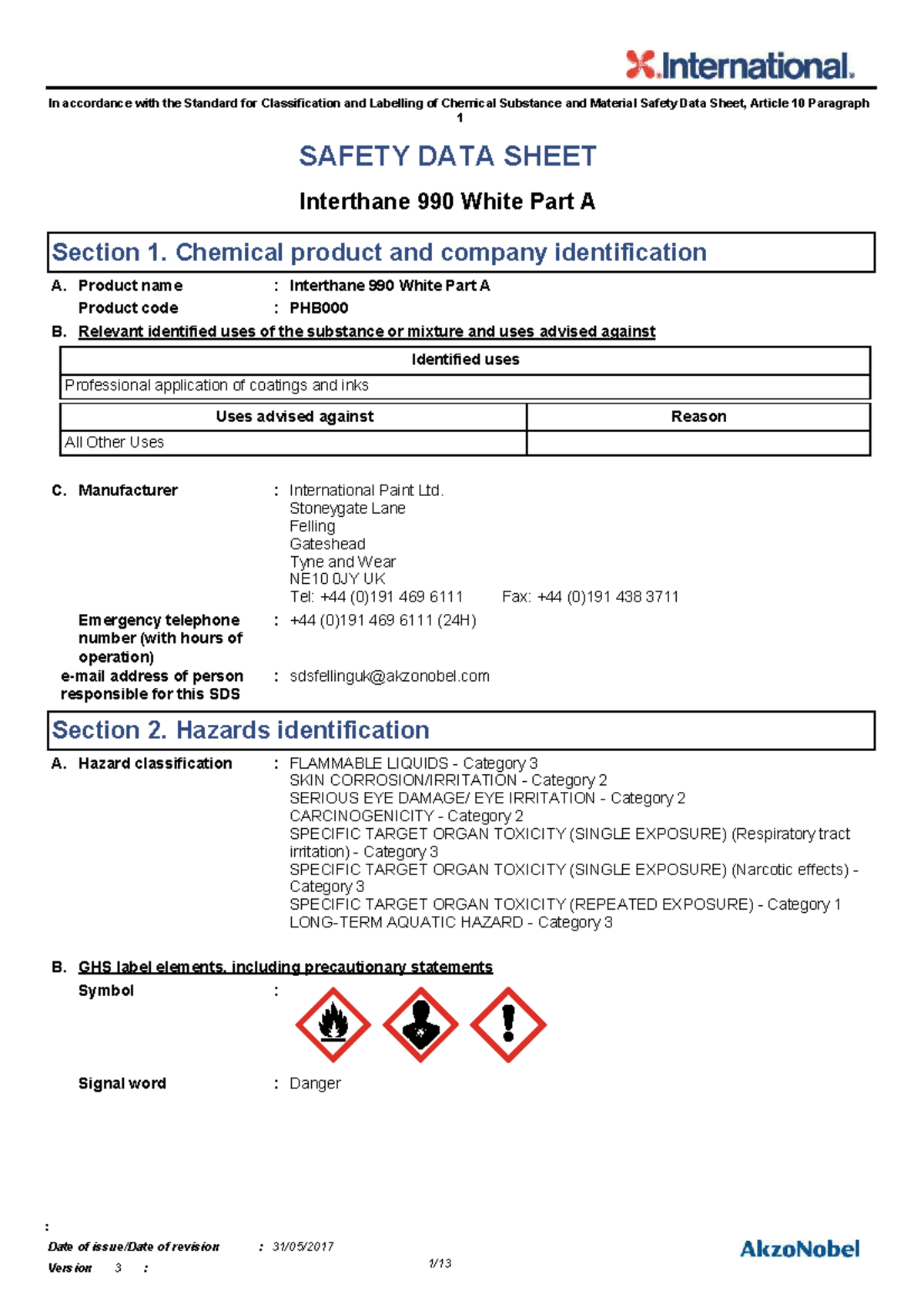 Interthane 990 White Part A Safety Data Sheet (SDS) - Version 3.0 - Studocu
