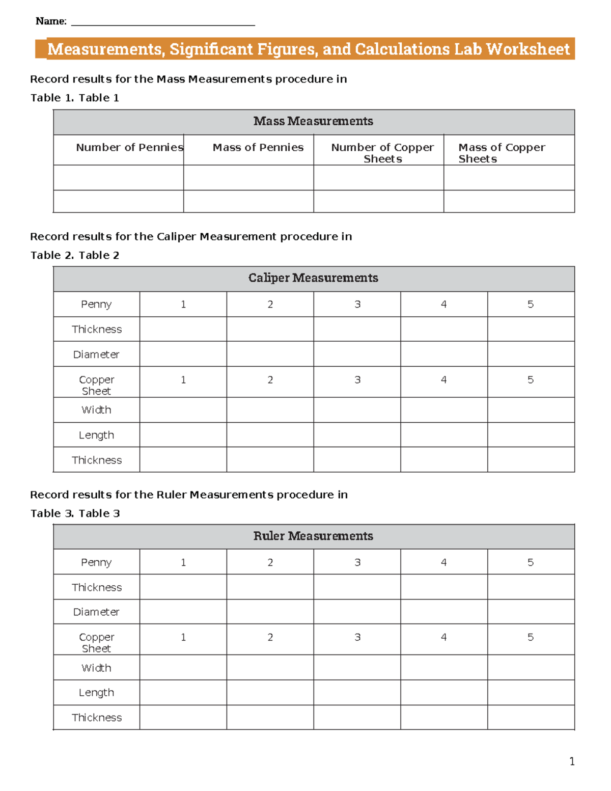 Chem Lab 3: Measurements, Significant Figures & Calculations Worksheet ...