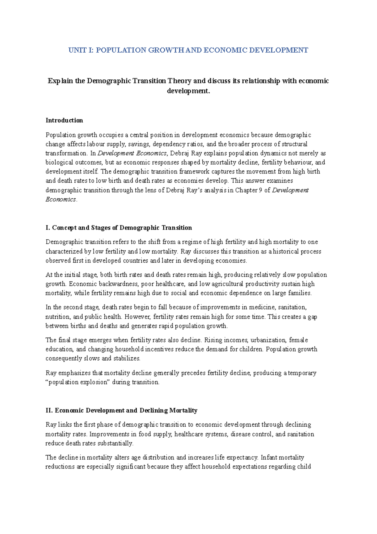 Important Questions - DSC: Demographic Transition Theory & Economic ...