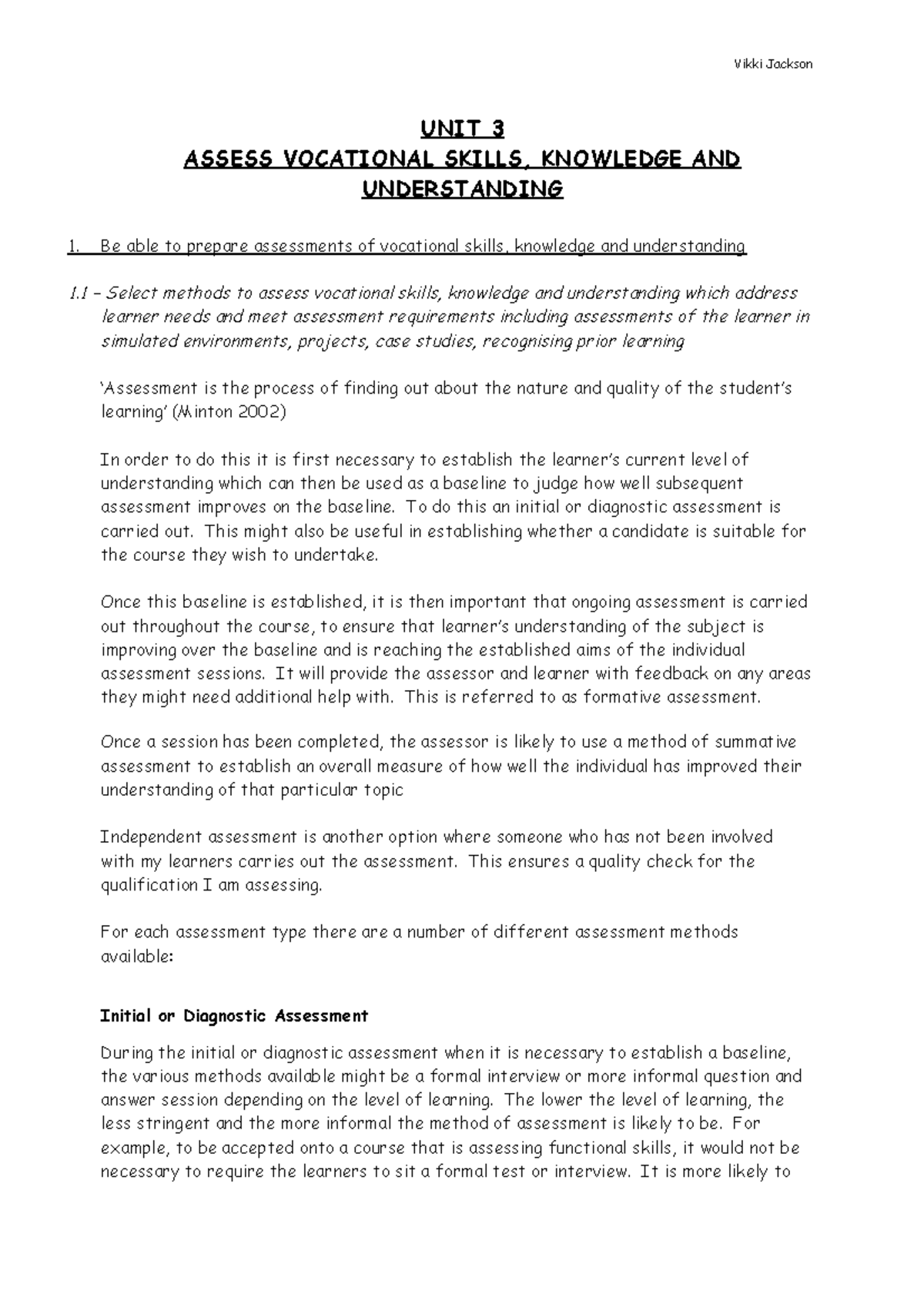 Assessing Vocational Skills, Knowledge & Understanding (Unit 3) - Studocu