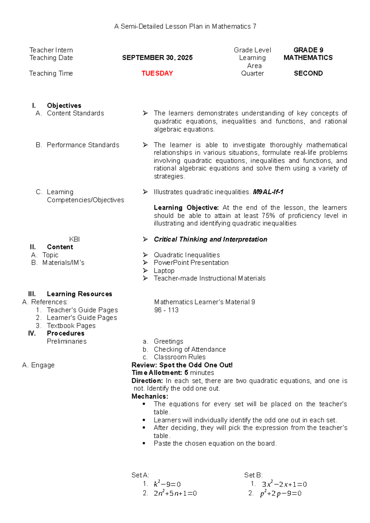Mathematics 9 Lesson Plan: Understanding Quadratic Inequalities - Studocu
