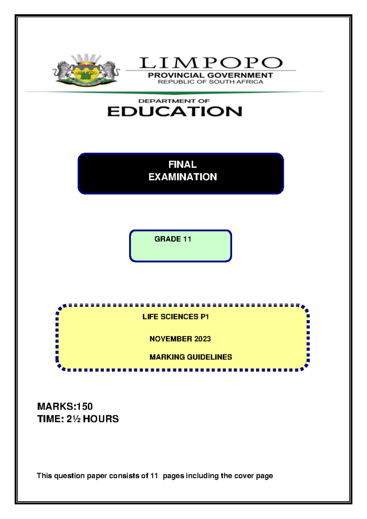 LFSC Grade 11 Life Sciences P1 Final Exam Memo - Nov 2023 - Studocu