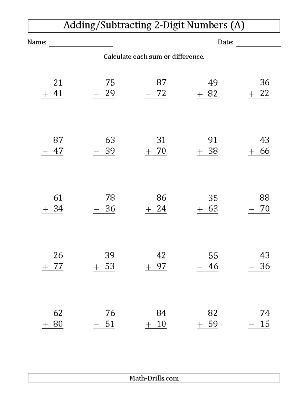 Mixed addition subtraction 2digit 2digit some regrouping 001 - Adding ...