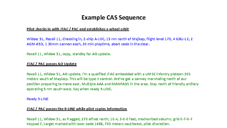 Example CAS Comms & 9 Line for JTAC FAC Operations - Studocu