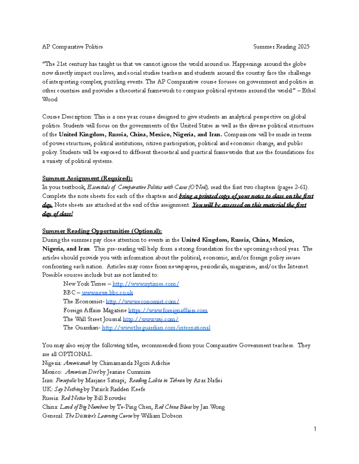 AP Comparative Government Summer Work 2025: Reading & Analysis - Studocu