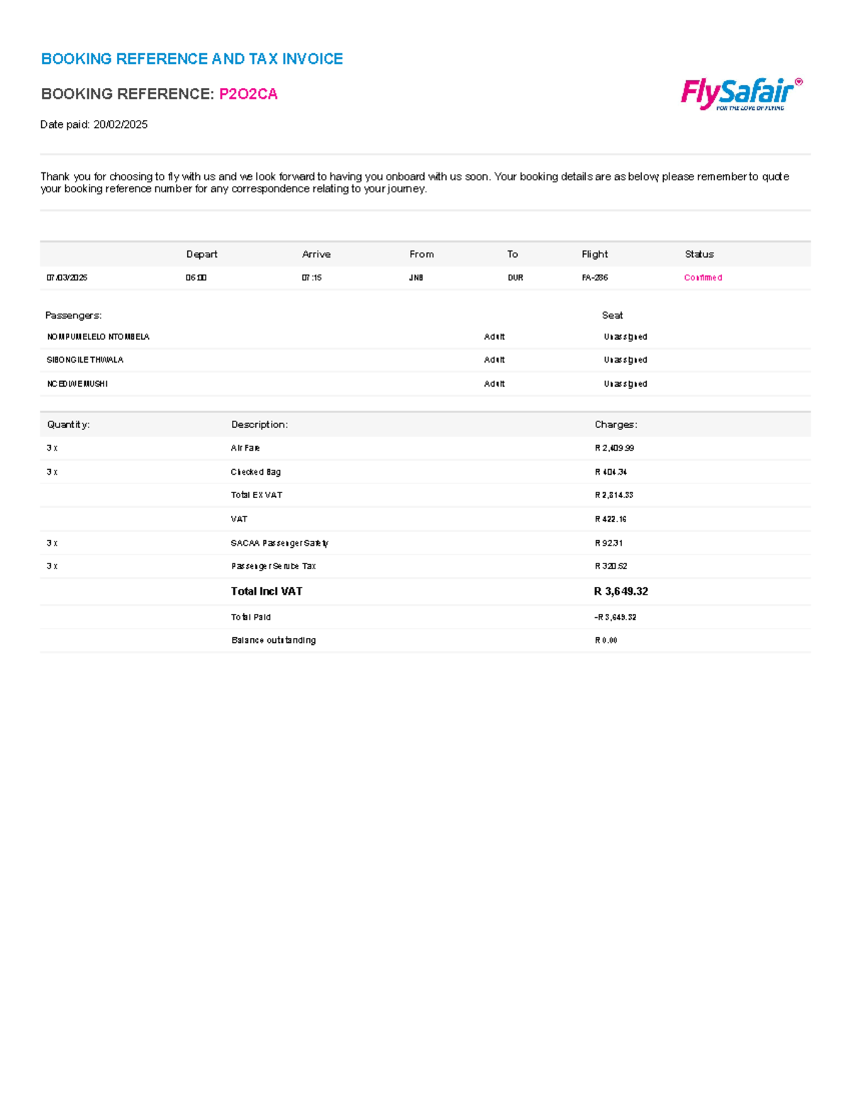 Booking Receipt P2O2CA - BOOKING REFERENCE AND TAX INVOICE BOOKING ...