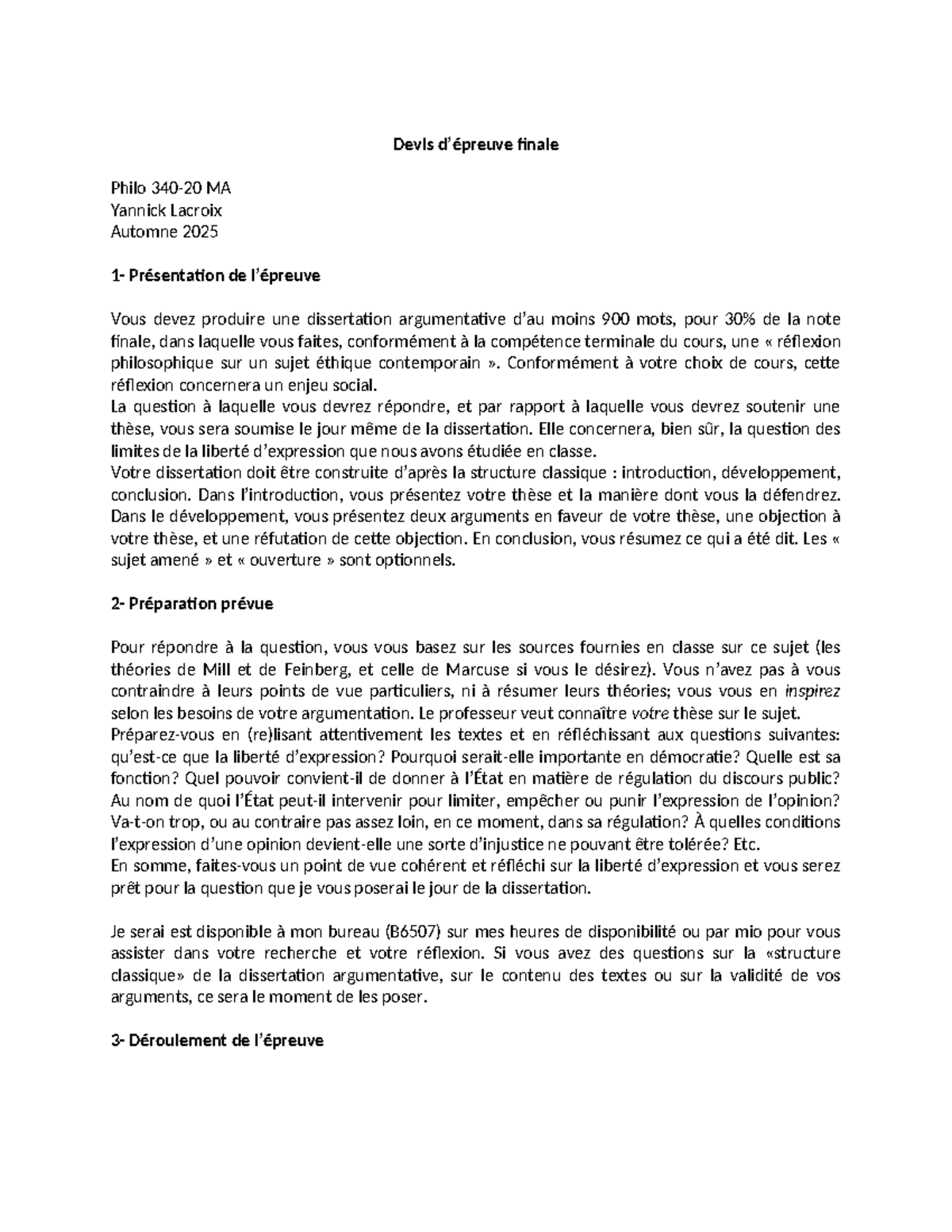 Devis Final MA 340-P20: Dissertation Argumentative sur la Liberté - Studocu