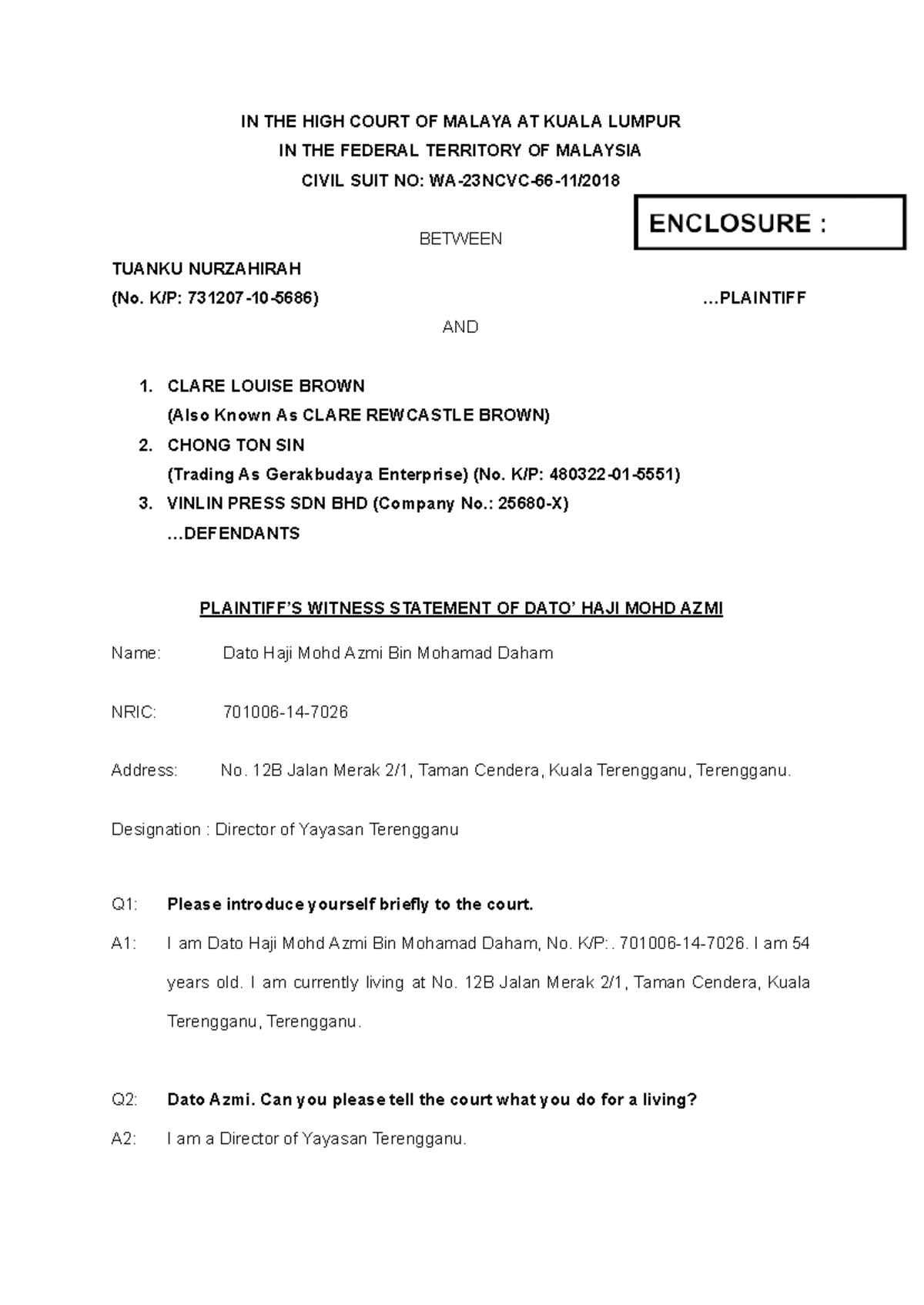 Witness Statement Sample - Civil Suit WA-23NCVC-66-11/ in High Court ...