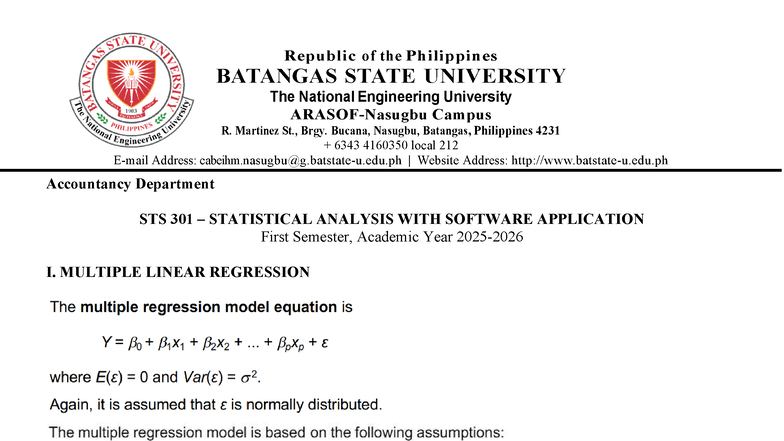 STS 301 Statistical Analysis: Multiple & Binary Regression Assumptions - Studocu