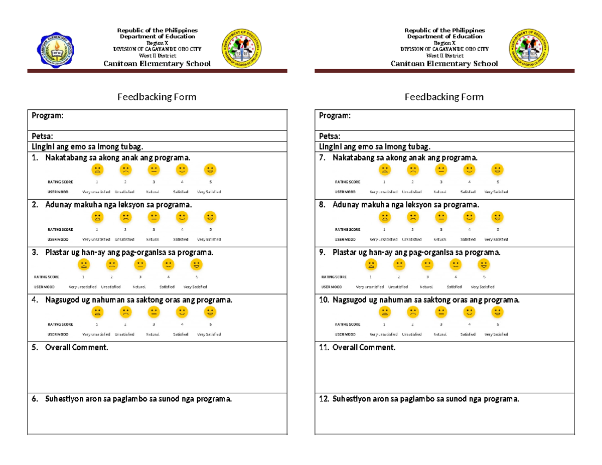 Program Feedbacking Form - Republic of the Philippines Department of ...