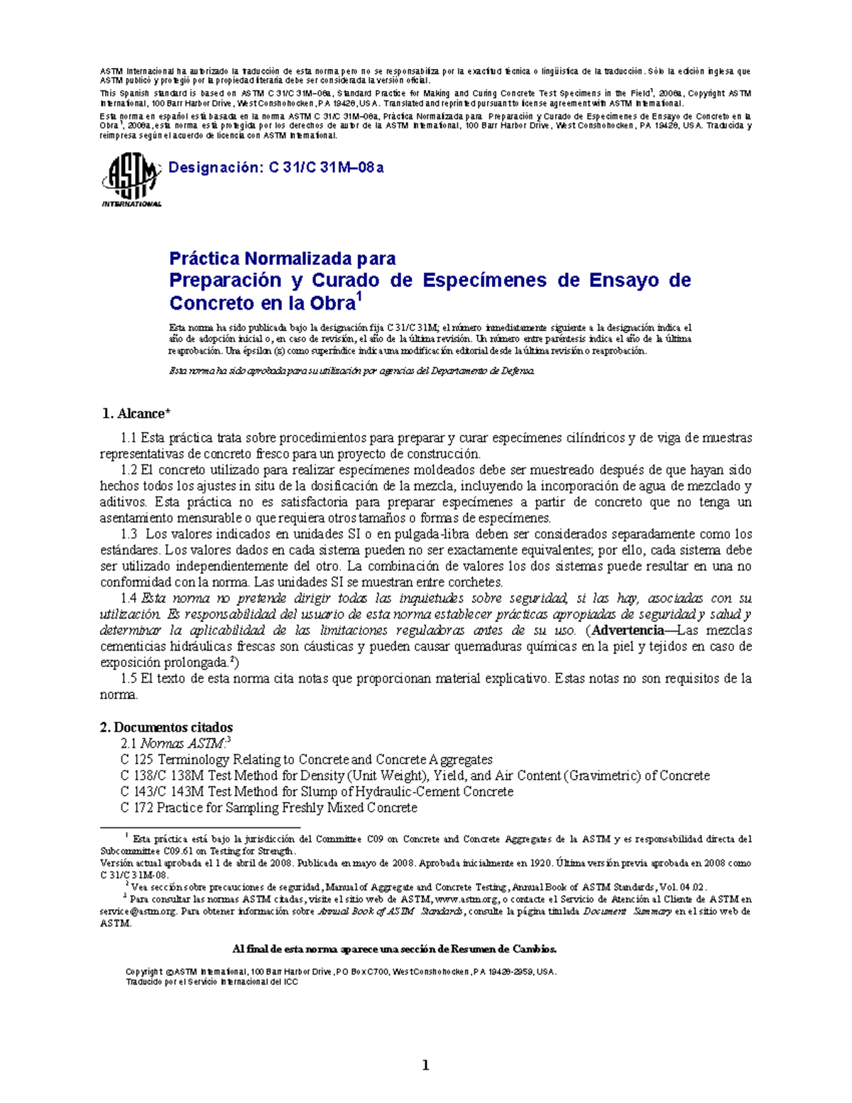 ASTM C31M-08a: Preparación y Curado de Especímenes de Concreto en Obra ...
