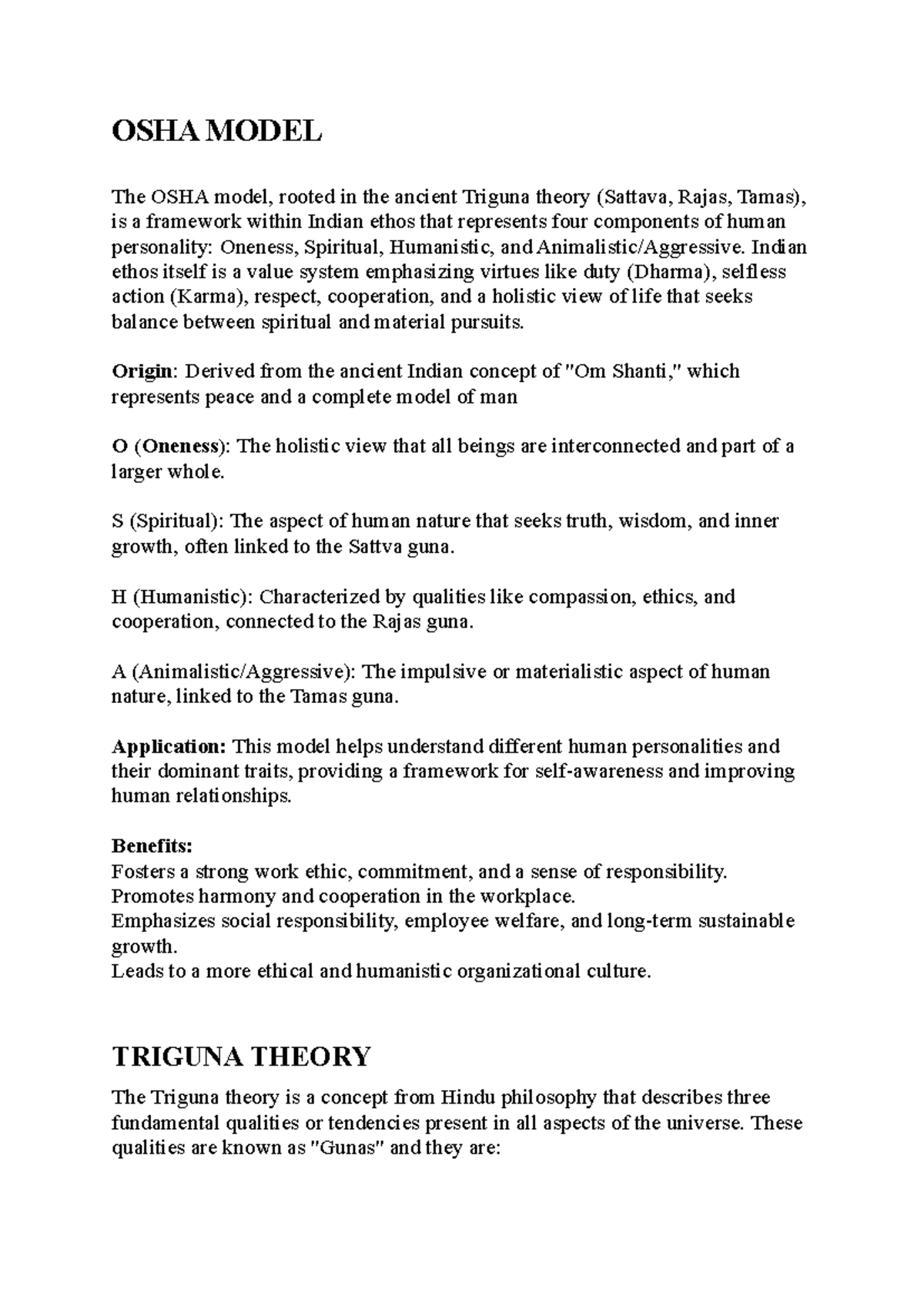 OSHA Model: Integrating Triguna Theory in Human Personality - Studocu
